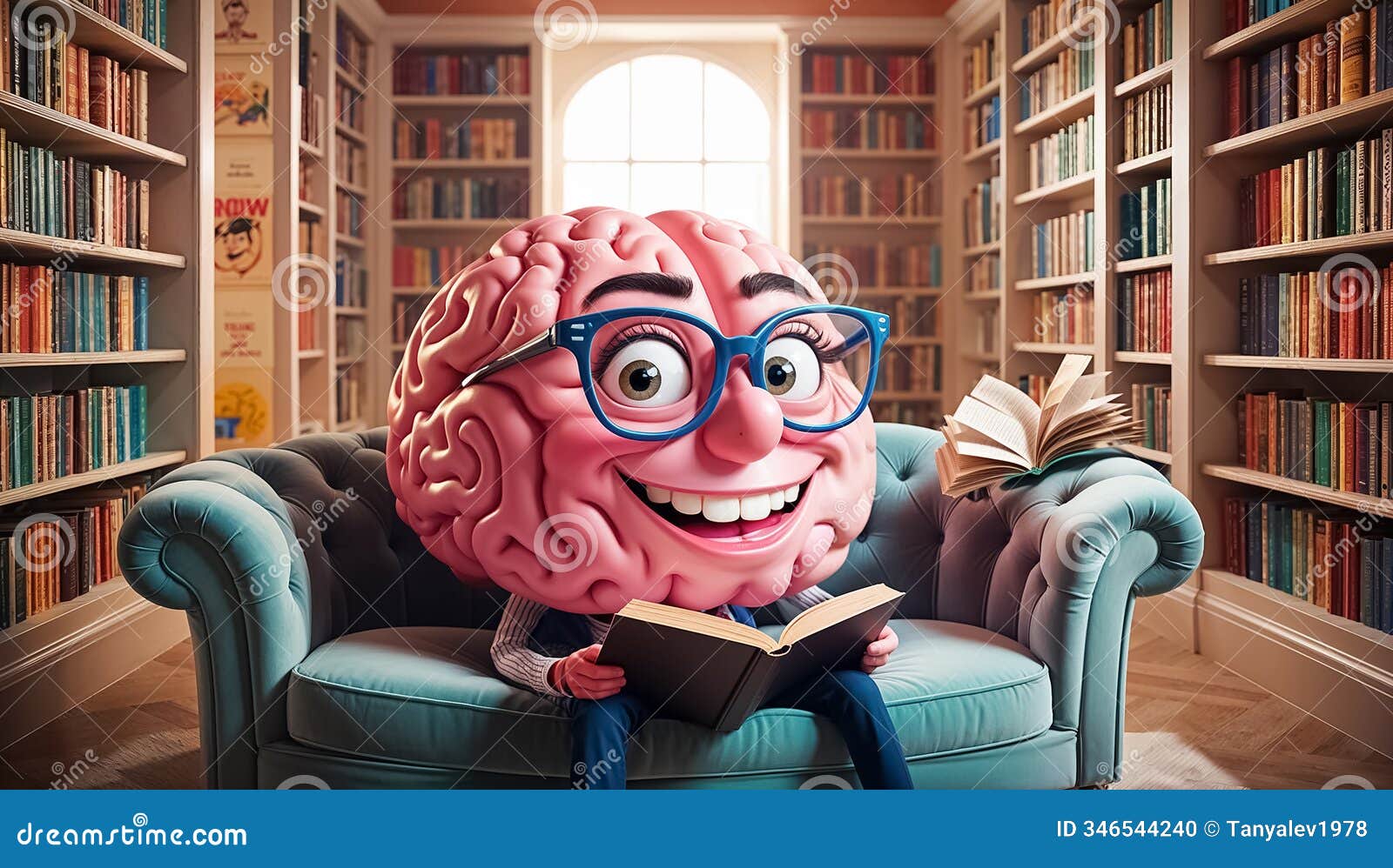 Cute Cartoon Happy Brain Book at Home on Sofa Stock Illustration ...