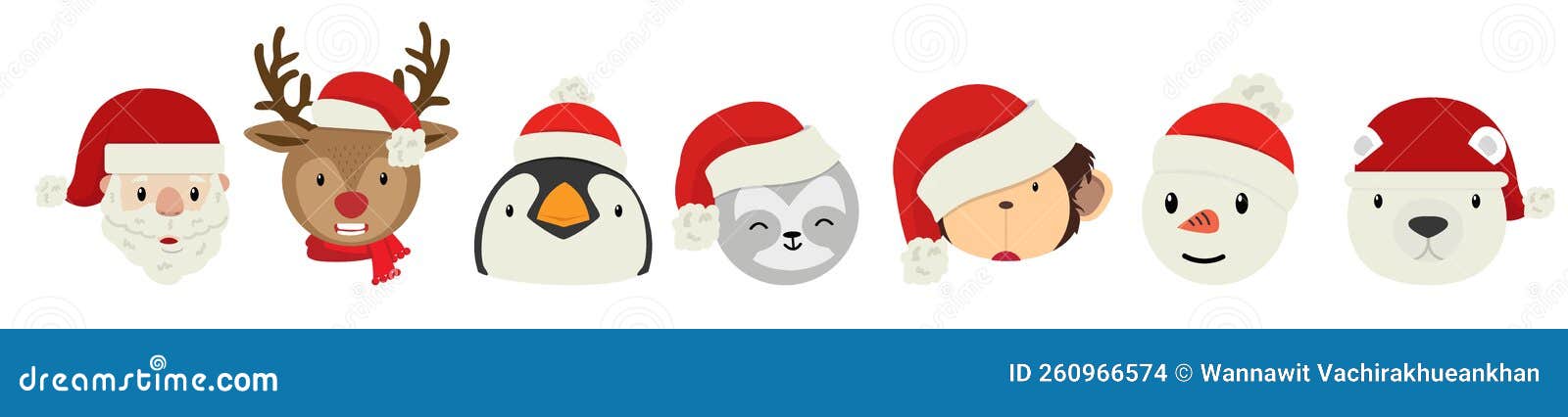 Cute Cartoon Heads Christmas Set Stock Illustration - Illustration of ...