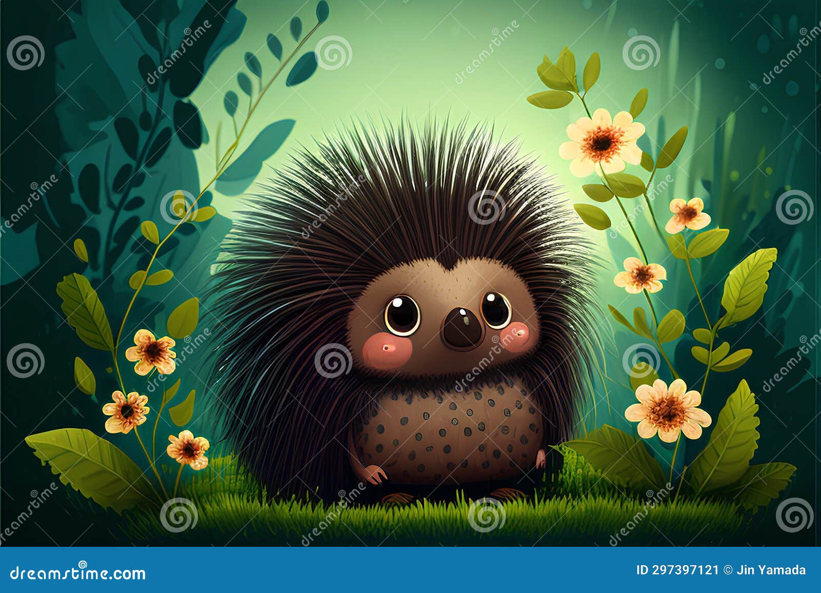 Cute Cartoon Hedgehog Sitting in the Grass with Flowers. Vector ...