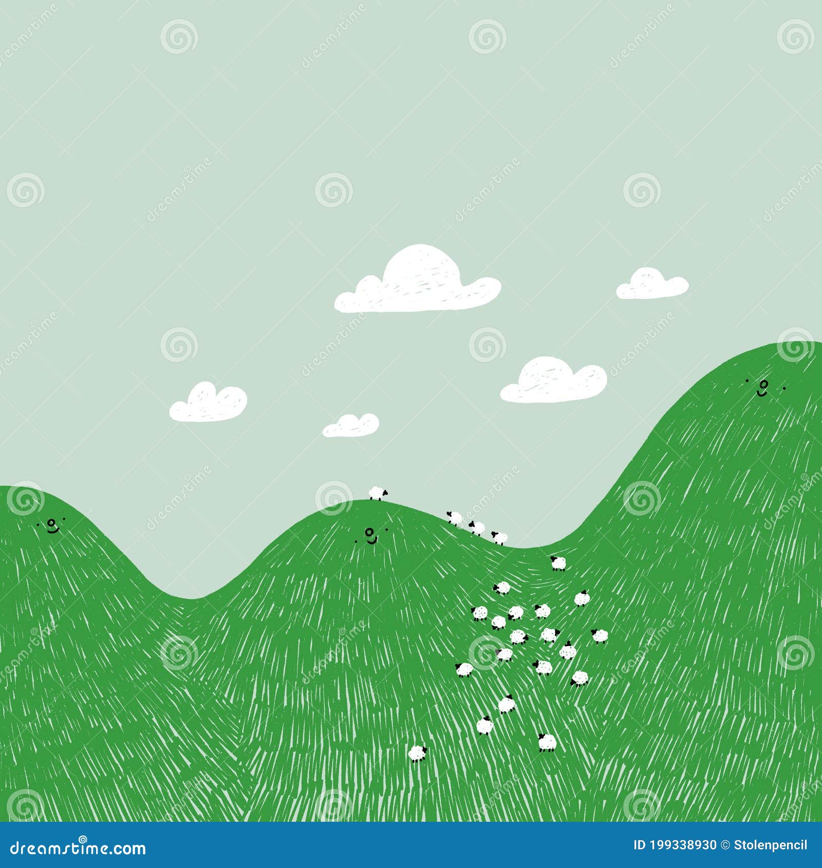 Cute Cartoon Hills with Green Grass and Sheeps, Vector Illustration ...