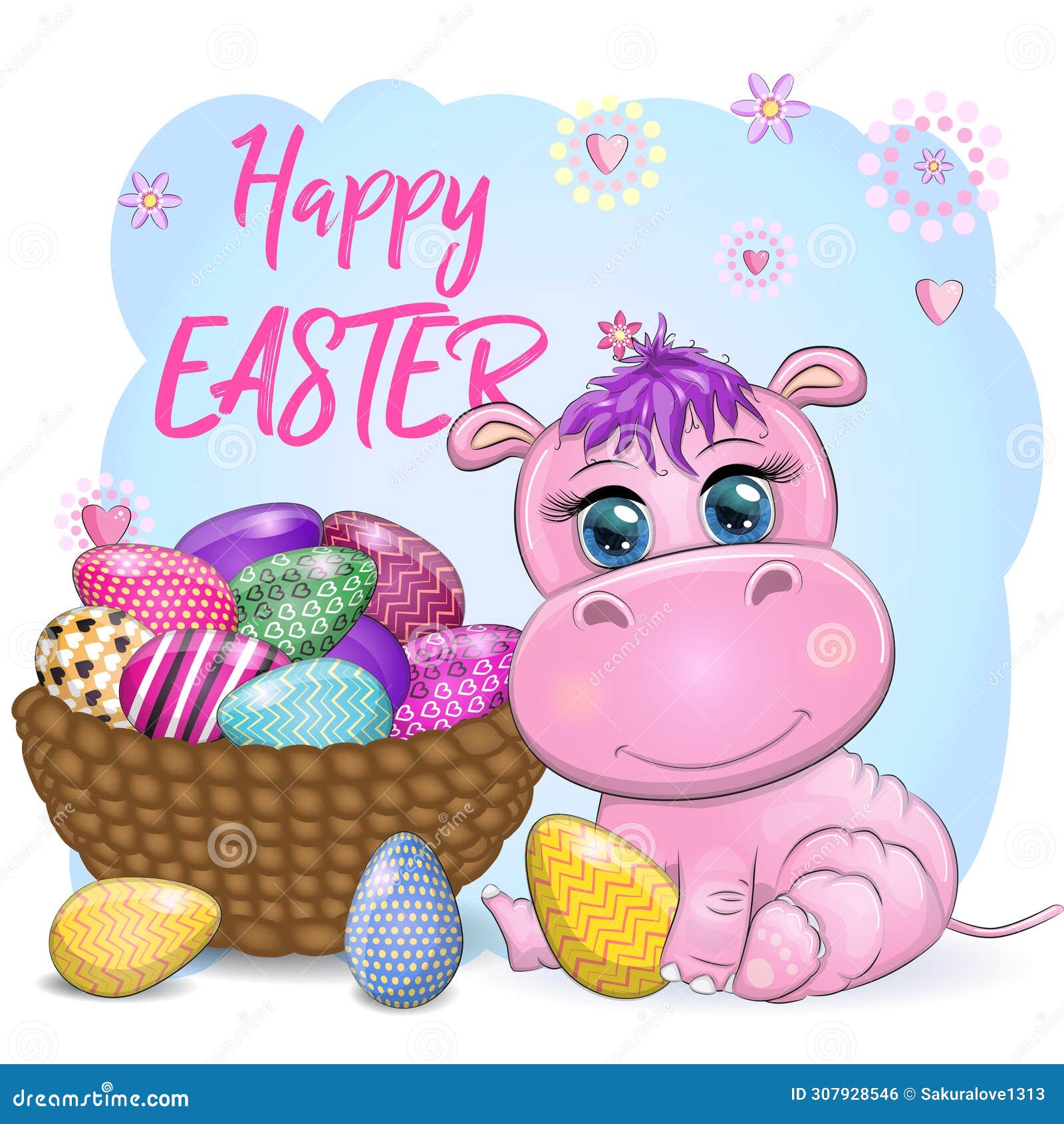 Cute Cartoon Hippo with Easter Egg, Easter Card Stock Vector ...