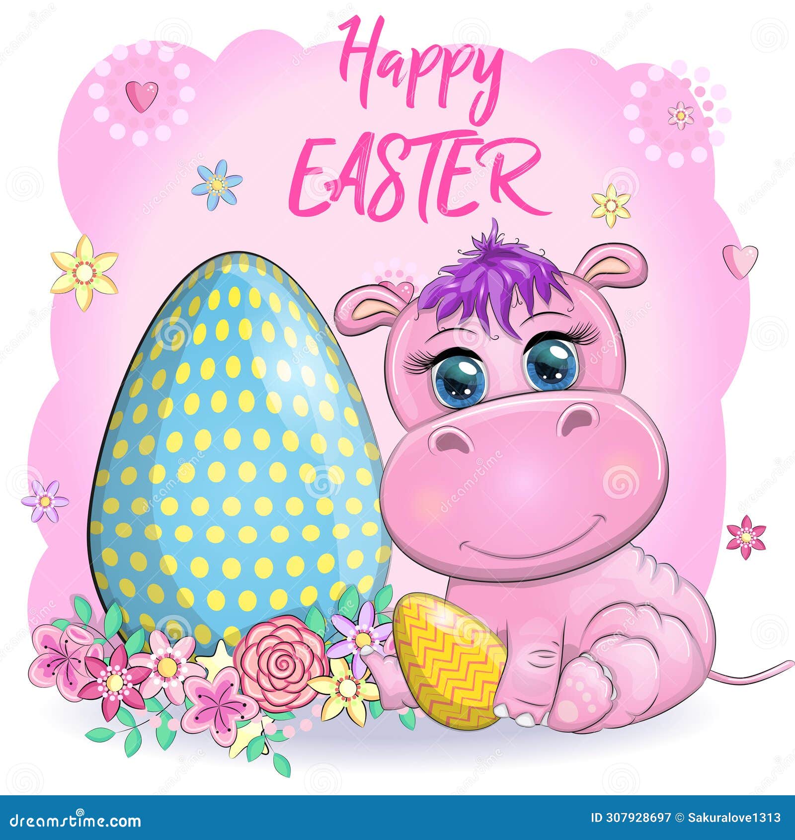 Cute Cartoon Hippo with Easter Egg, Easter Card Stock Vector ...