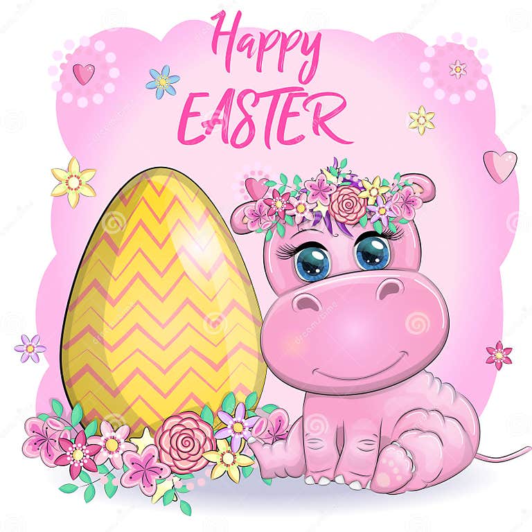 Cute Cartoon Hippo with Easter Egg, Easter Card Stock Vector ...