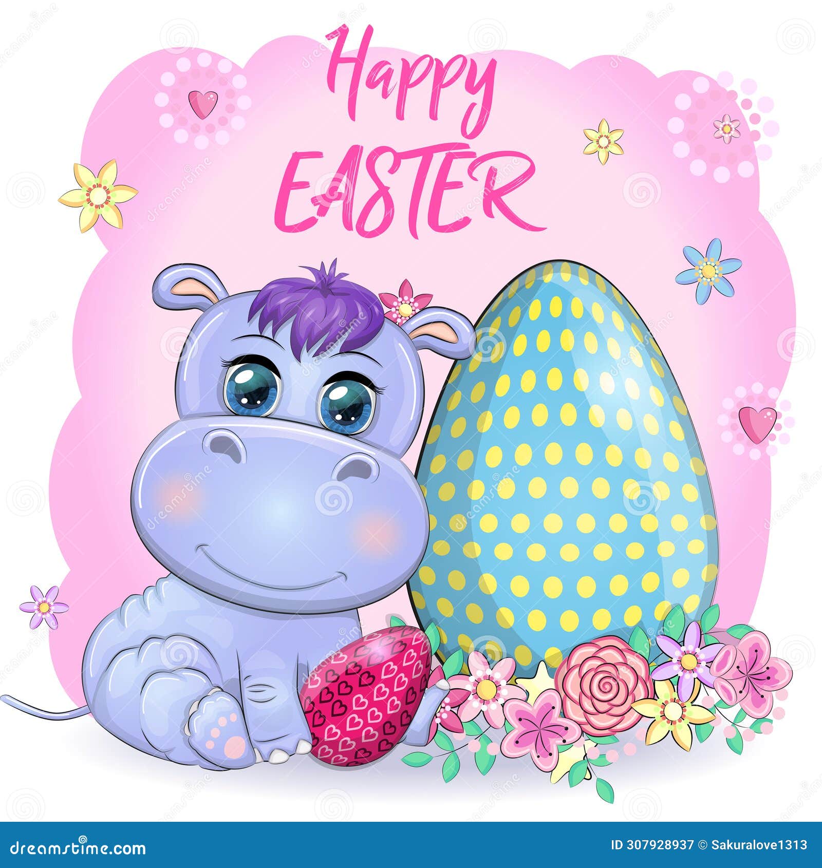 Cute Cartoon Hippo with Easter Egg, Easter Card Stock Illustration ...