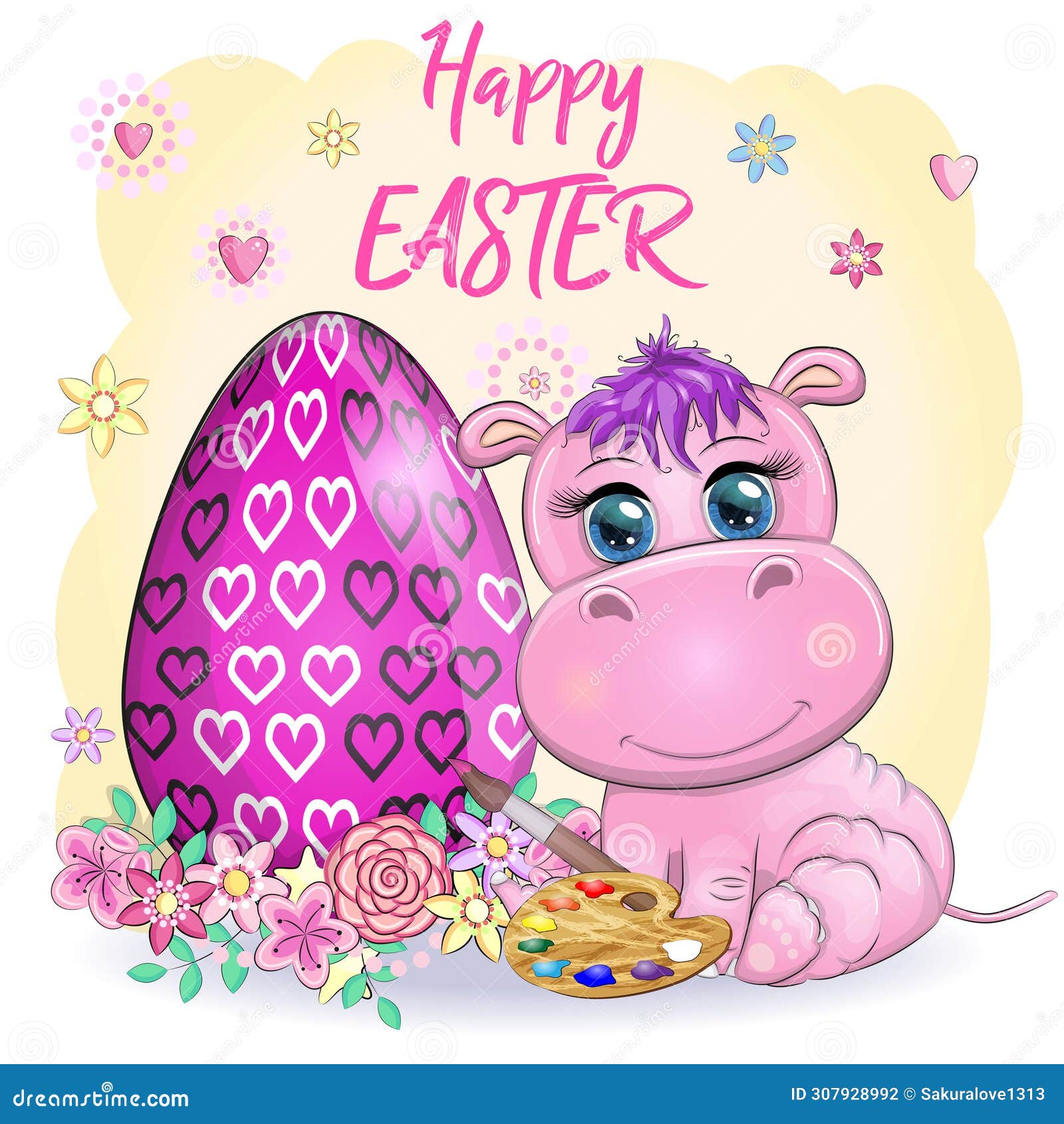 Cute Cartoon Hippo with Easter Egg, Easter Card Stock Vector ...
