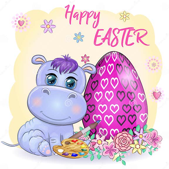 Cute Cartoon Hippo with Easter Egg, Easter Card Stock Illustration ...