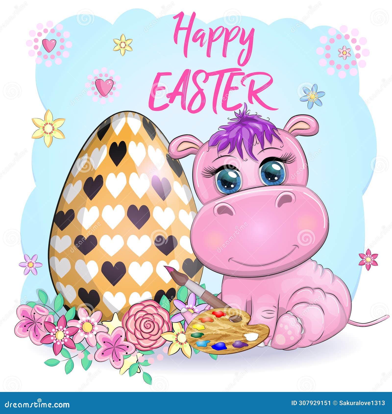 Cute Cartoon Hippo with Easter Egg, Easter Card Stock Vector ...