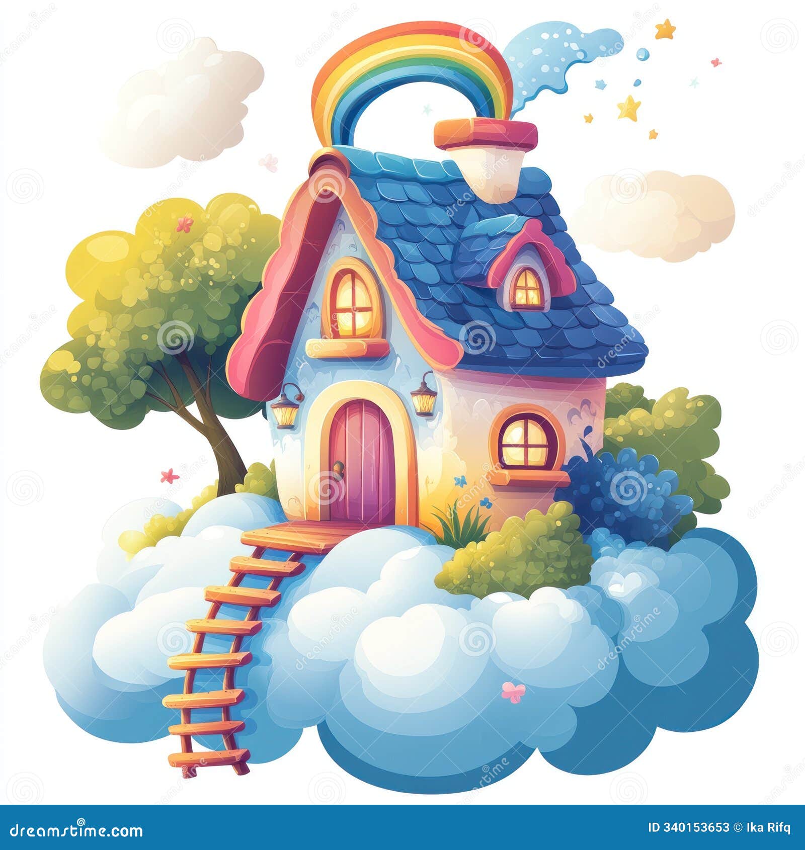 Cute Cartoon House on Clouds with Rainbow Illustration Stock ...