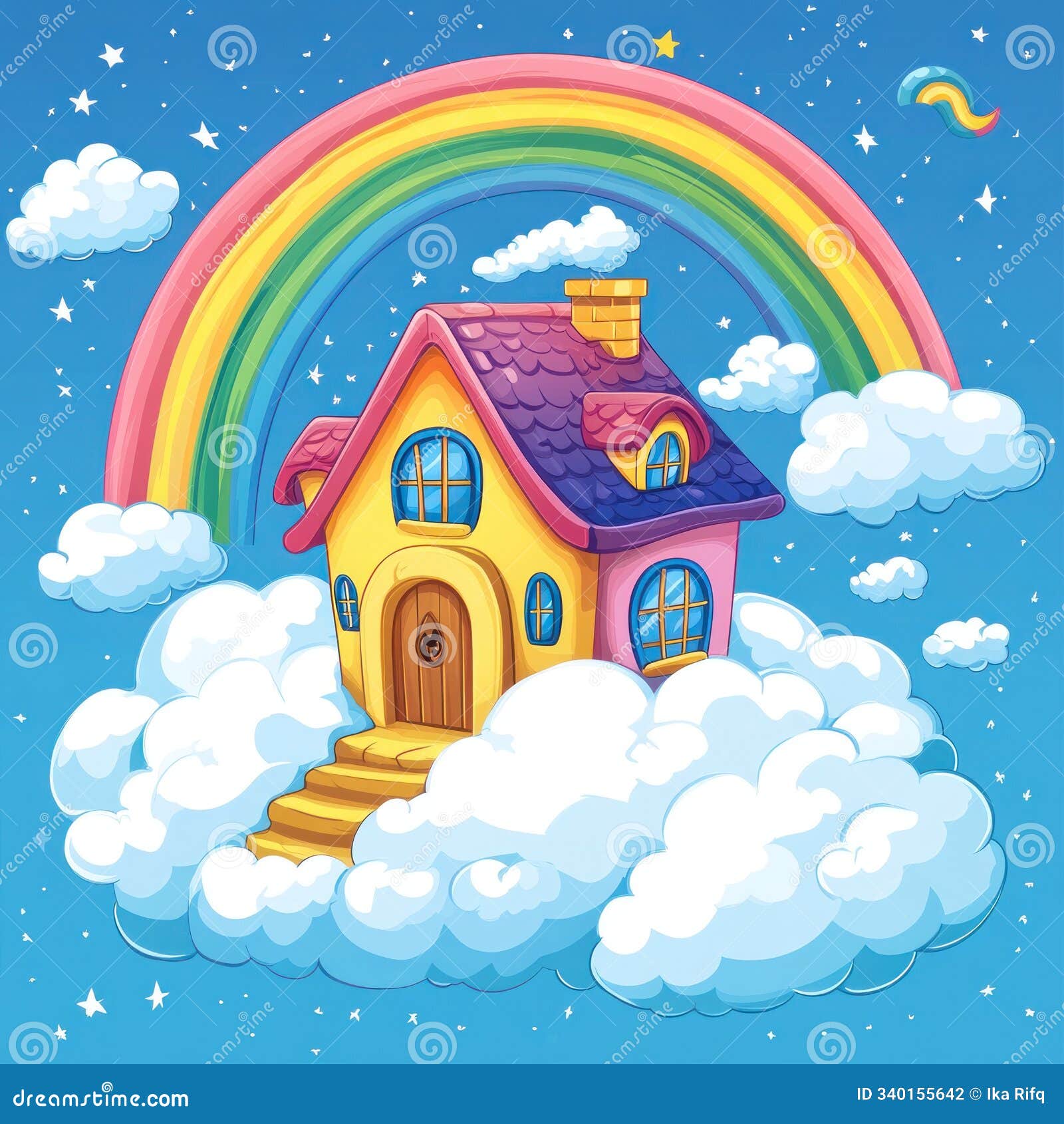 Cute Cartoon House in the Clouds with Rainbow Illustration Stock ...