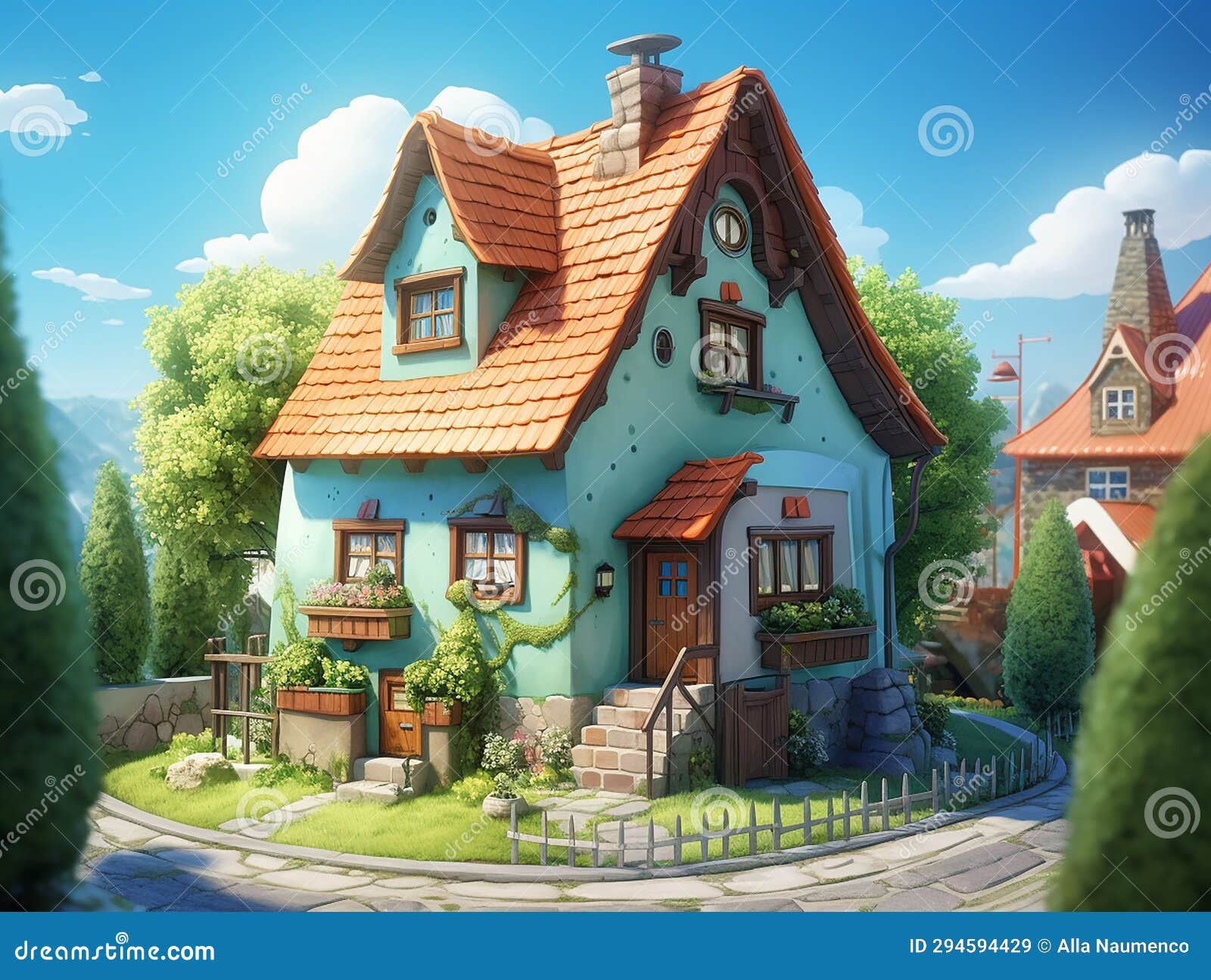 Cute Cartoon House with Garden Stock Illustration - Illustration of ...