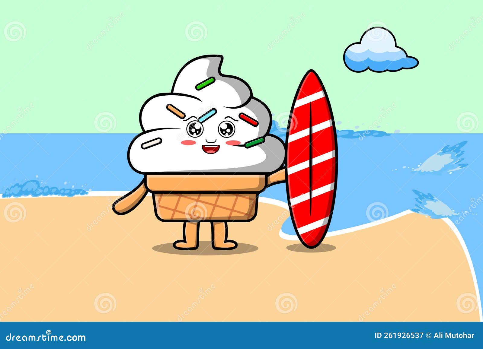 Cute Cartoon Ice Cream Character Playing Surfing Stock Vector ...