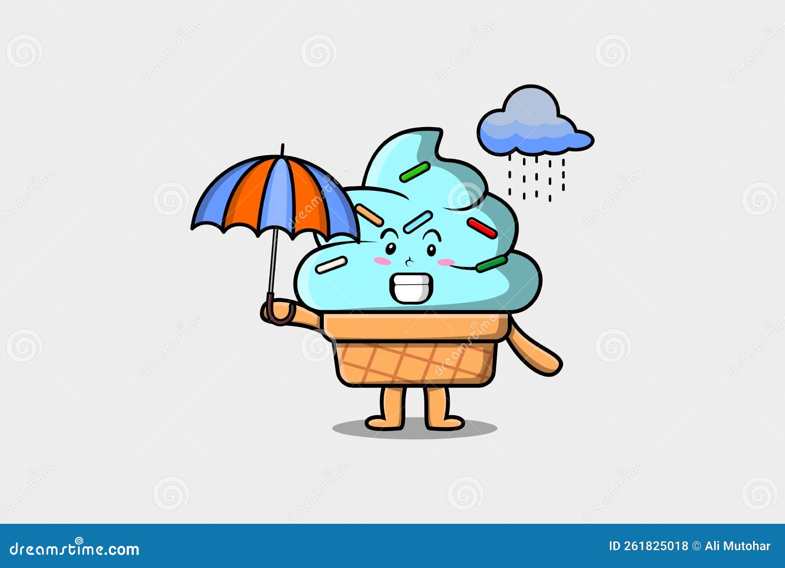 Cute Cartoon Ice Cream in Rain Using an Umbrella Stock Vector ...