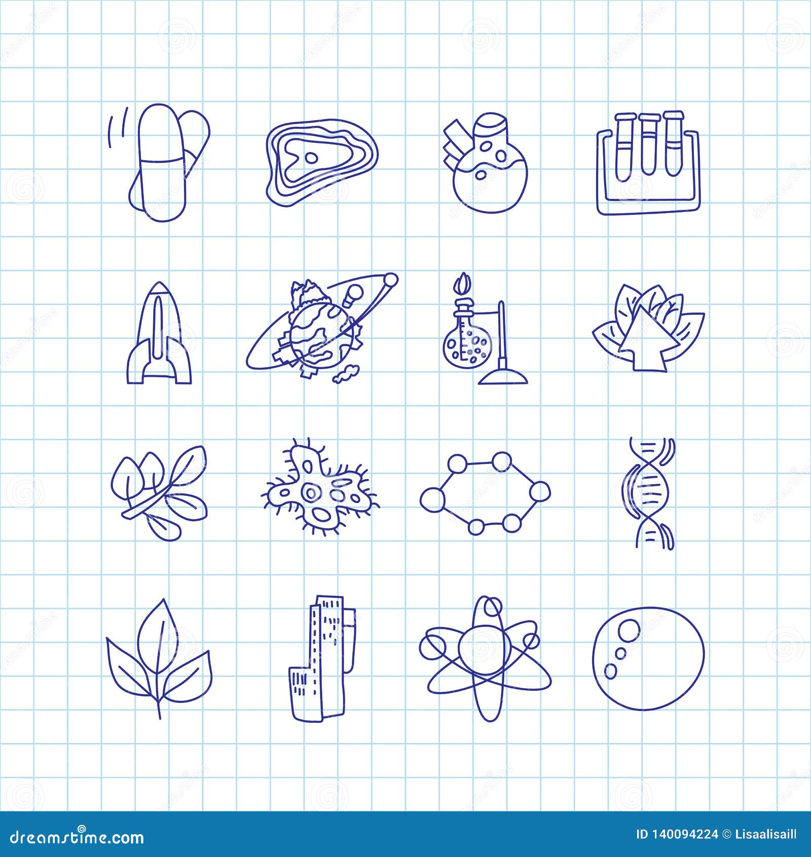 Cute Cartoon Icons on Science, School, Study Theme. Physics, Chemistry ...