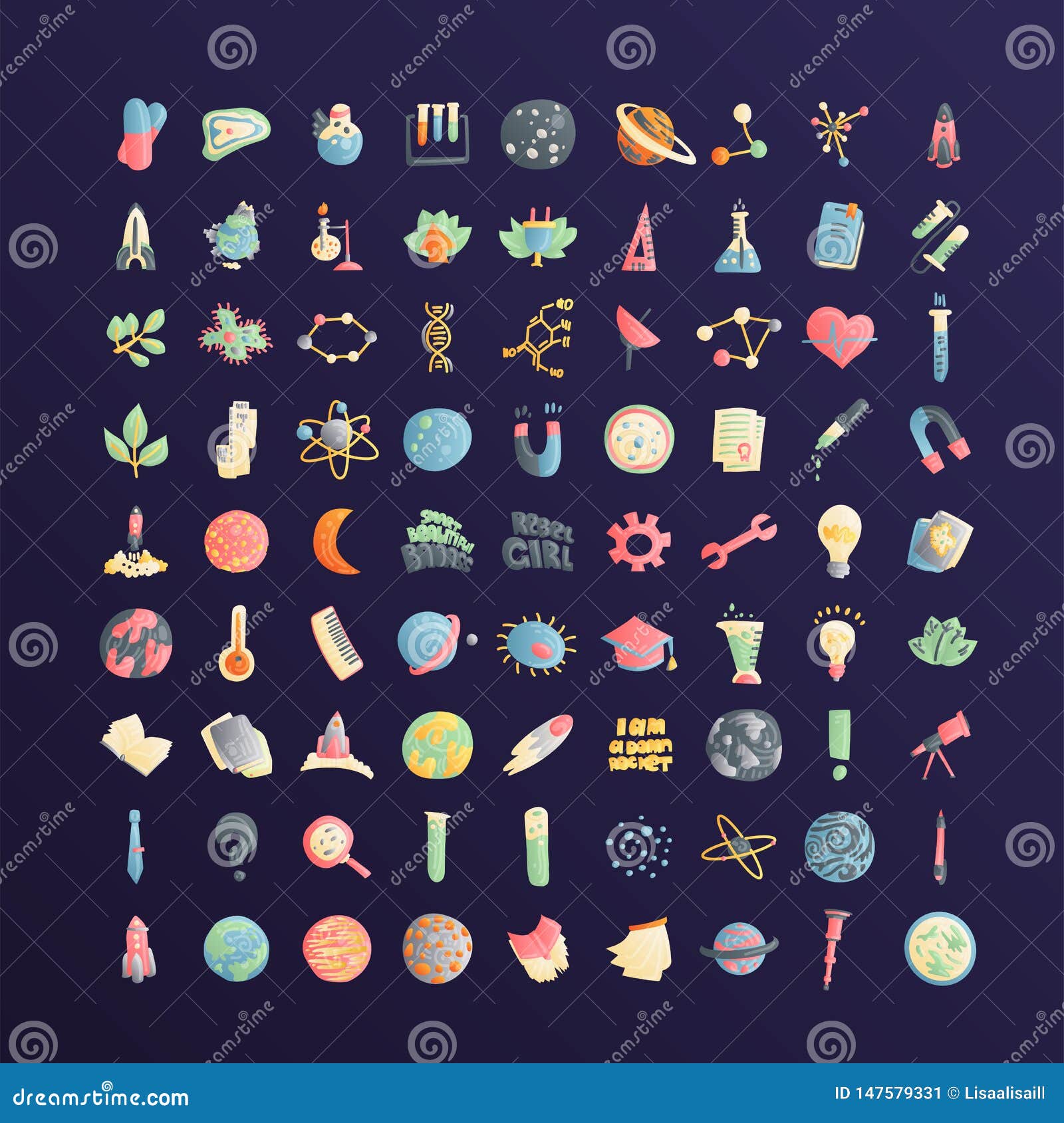 Cute Cartoon Icons on Science, School, Study Theme. Physics, Chemistry ...
