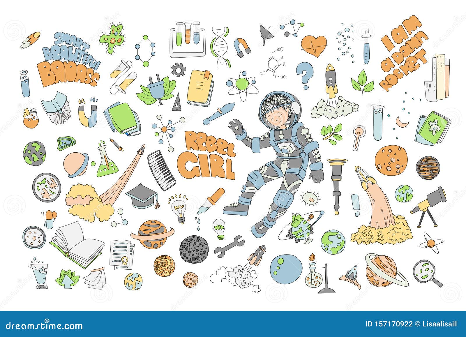Cute Cartoon Icons on Science, School, Study Theme. Physics, Chemistry ...
