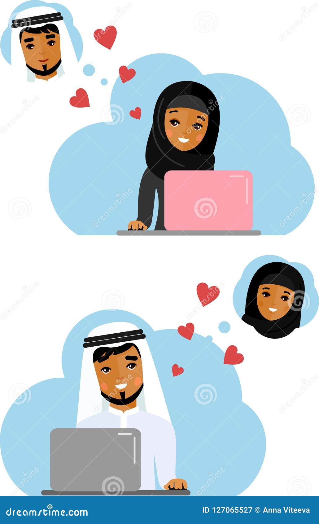 Cute Cartoon Illustration of Arab People in Love Using Computer and ...