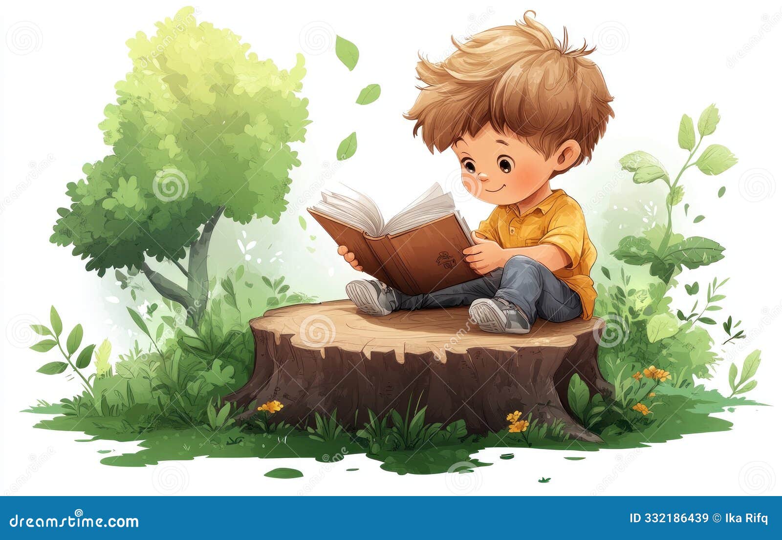 Cute Cartoon Illustration of a Boy Reading on a Tree Stump Stock ...