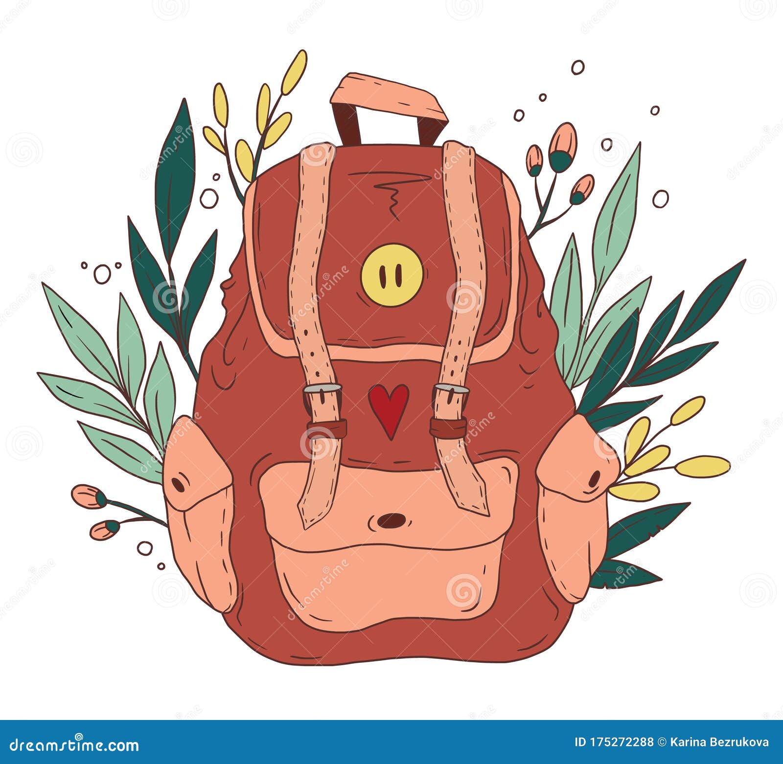 Cute Cartoon Illustration of Hand Drawn Backpack with Floral Elements ...
