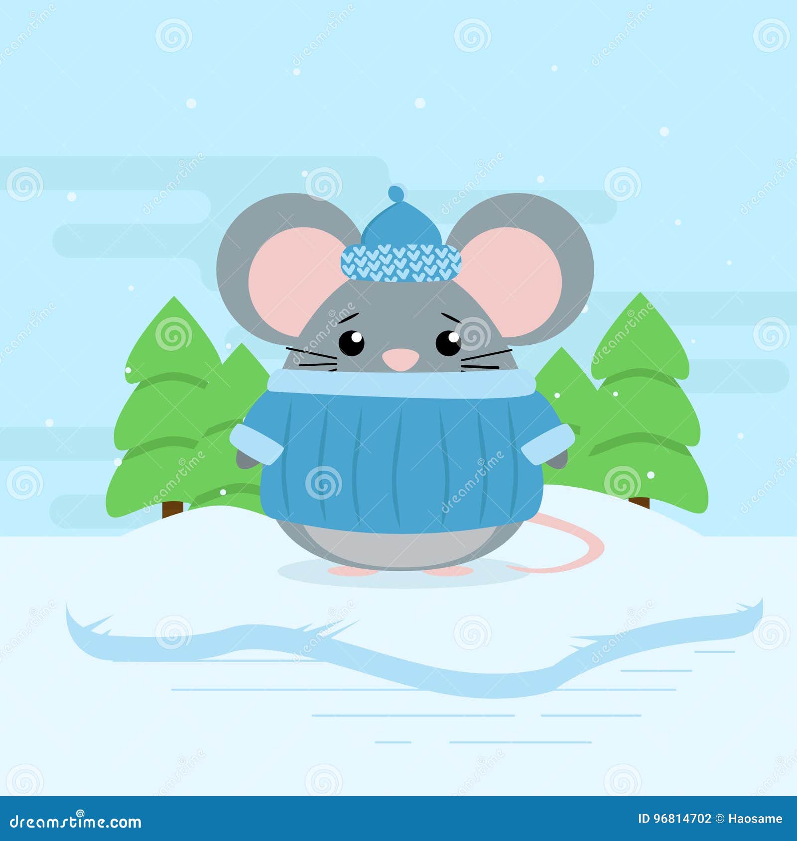 Cute Cartoon Illustration of Mouse on Snowdrift and Forest. Cold ...