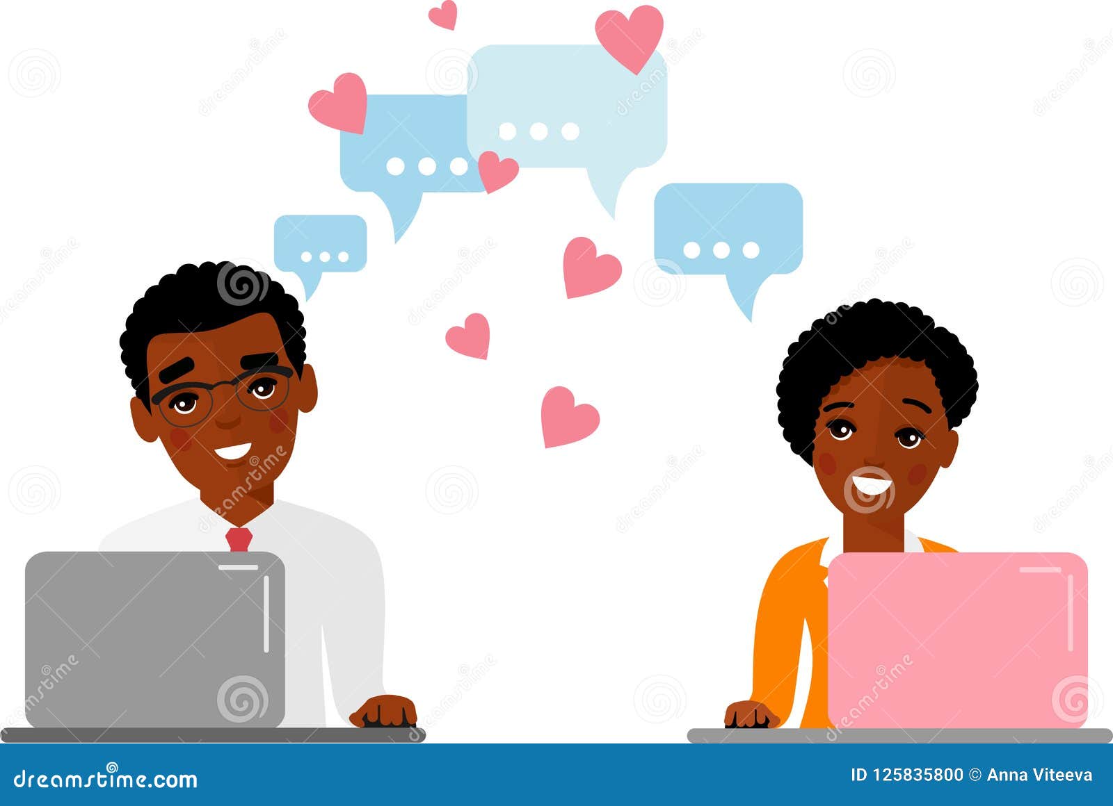 Cute Cartoon Illustration of People in Love Using Computer and Internet ...