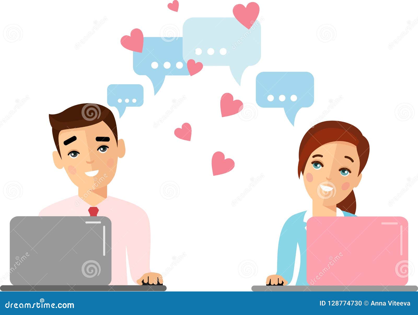 Cute Cartoon Illustration of People in Love Using Computer and Internet ...