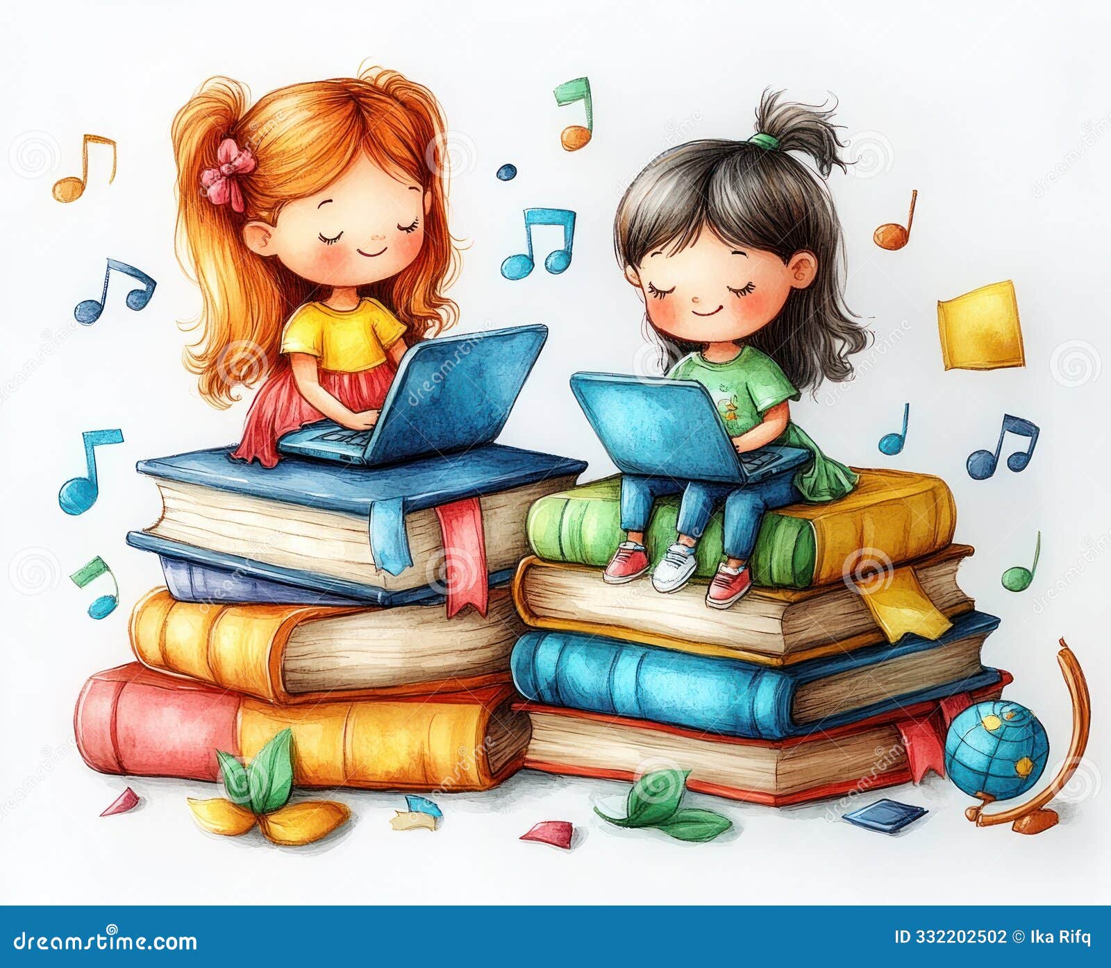 Cute Cartoon Illustration of Two Girls Sitting on Stack of Books with ...