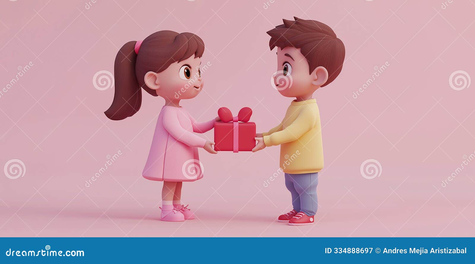 Cute Cartoon Kids Exchanging a Gift on a Pink Background Stock ...