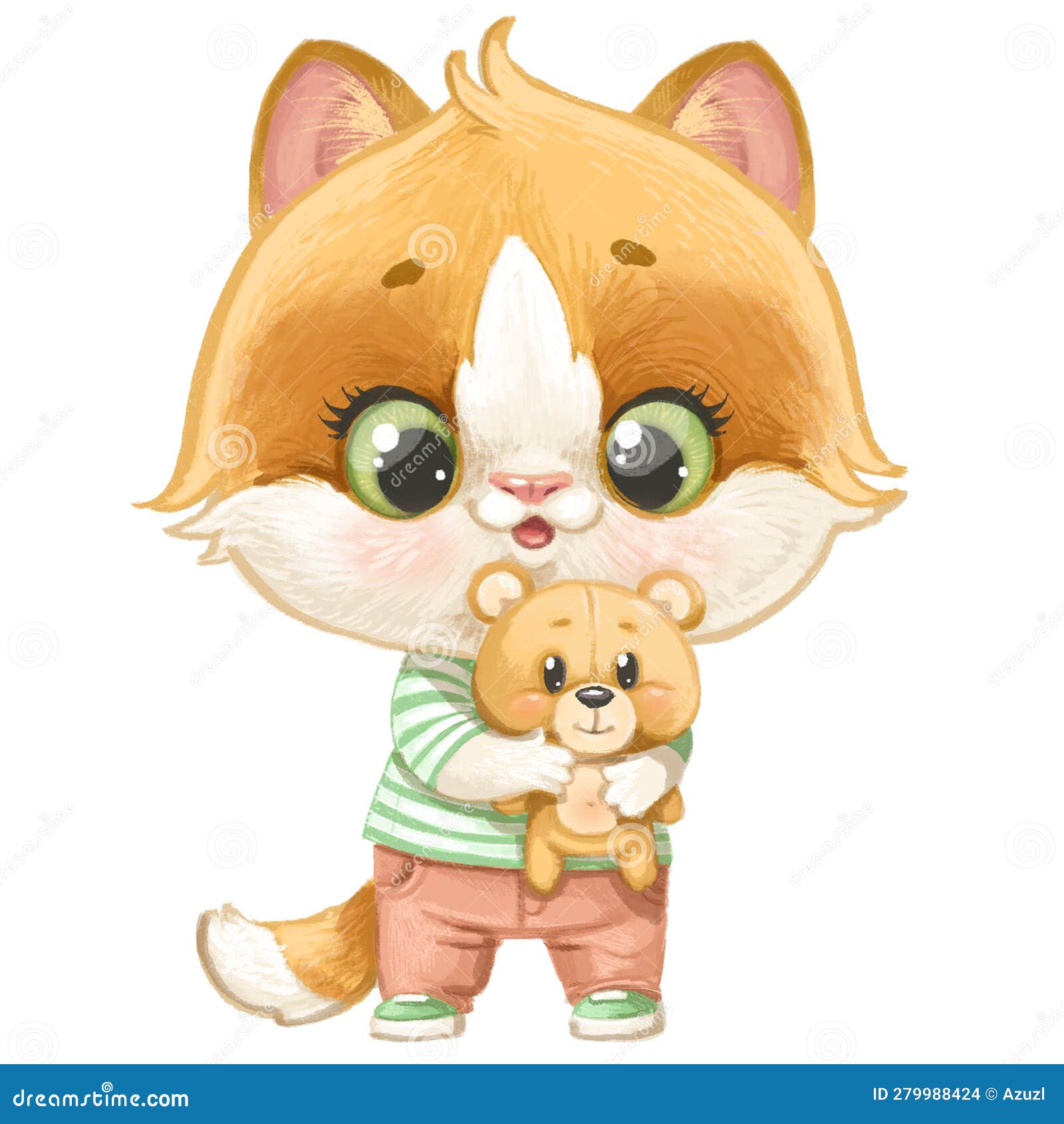 Cute Cartoon Kitten with Teddy Bear Isolated on a White Stock ...