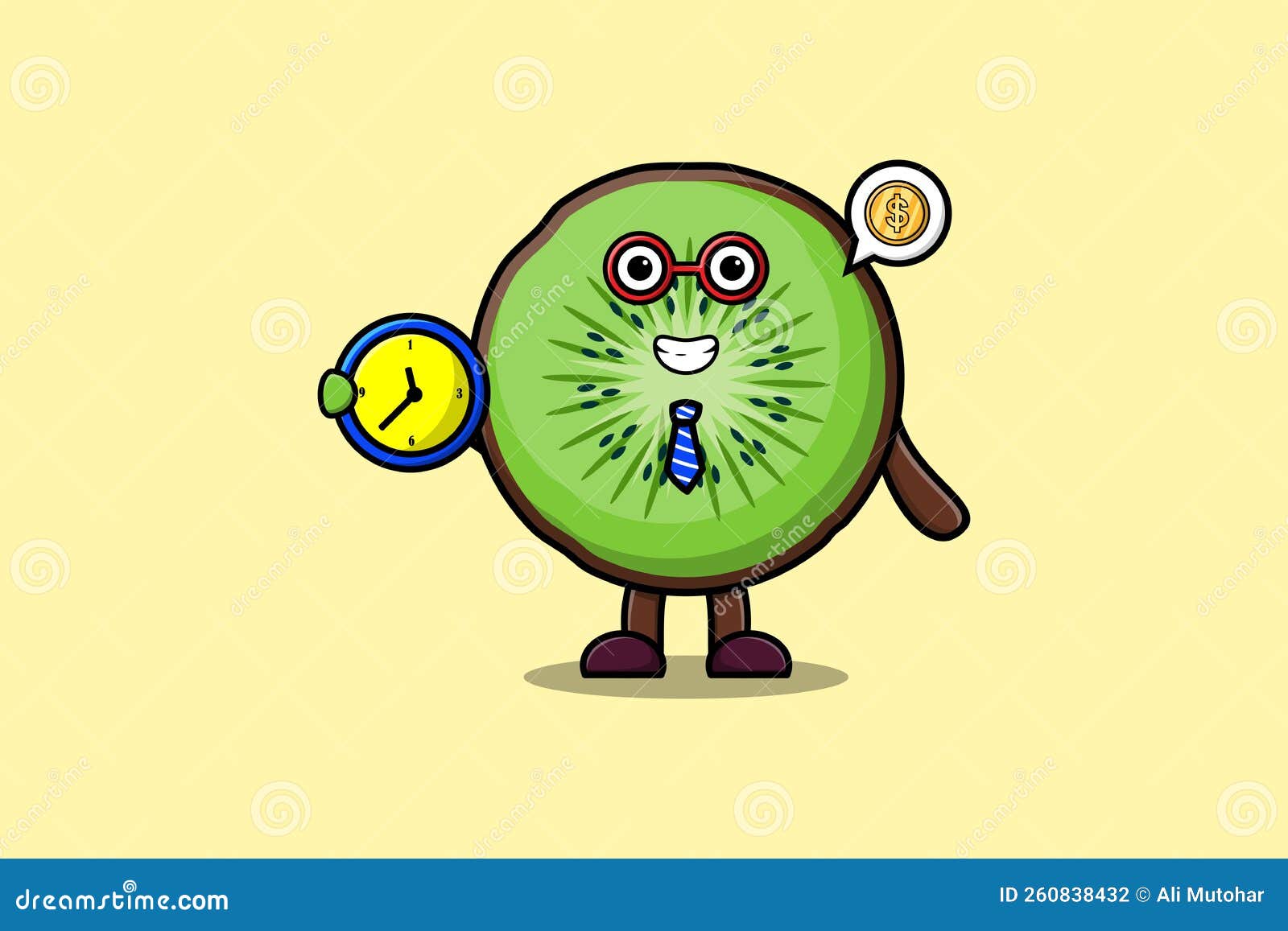 Cute Cartoon Kiwi Fruit Character Holding Clock Stock Vector ...