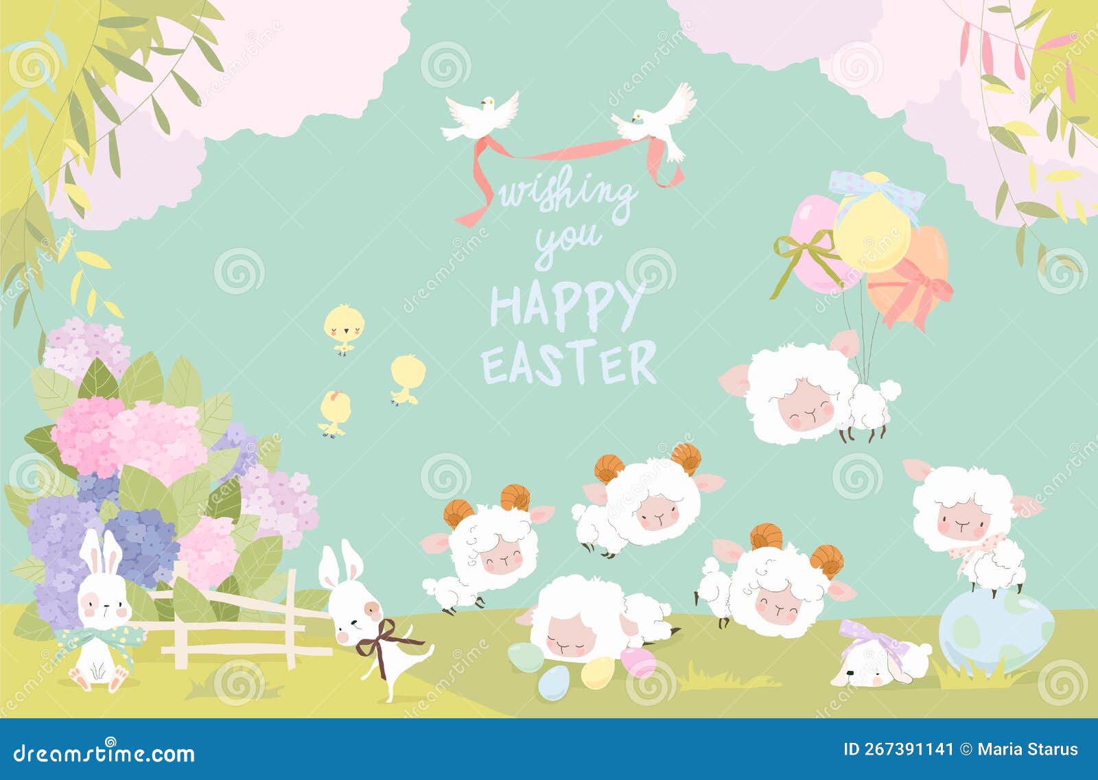 Cute Cartoon Lambs and Bunnies Celebrating Easter on Spring Meadow ...