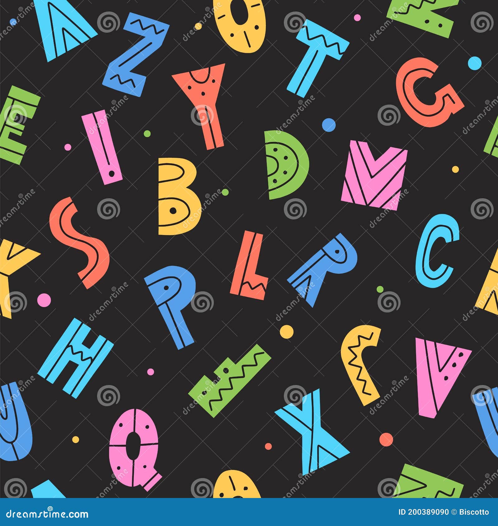Cute Cartoon Letters Seamless Pattern. Colorful Vector Illustration ...