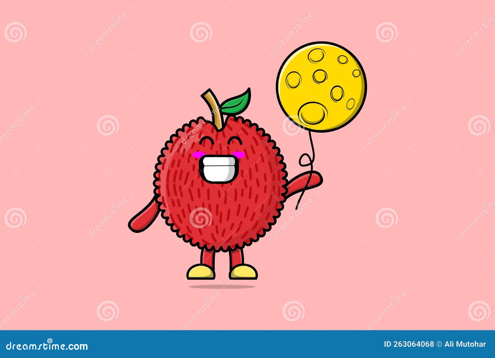 Cute Cartoon Lychee Floating with Moon Balloon Stock Vector ...