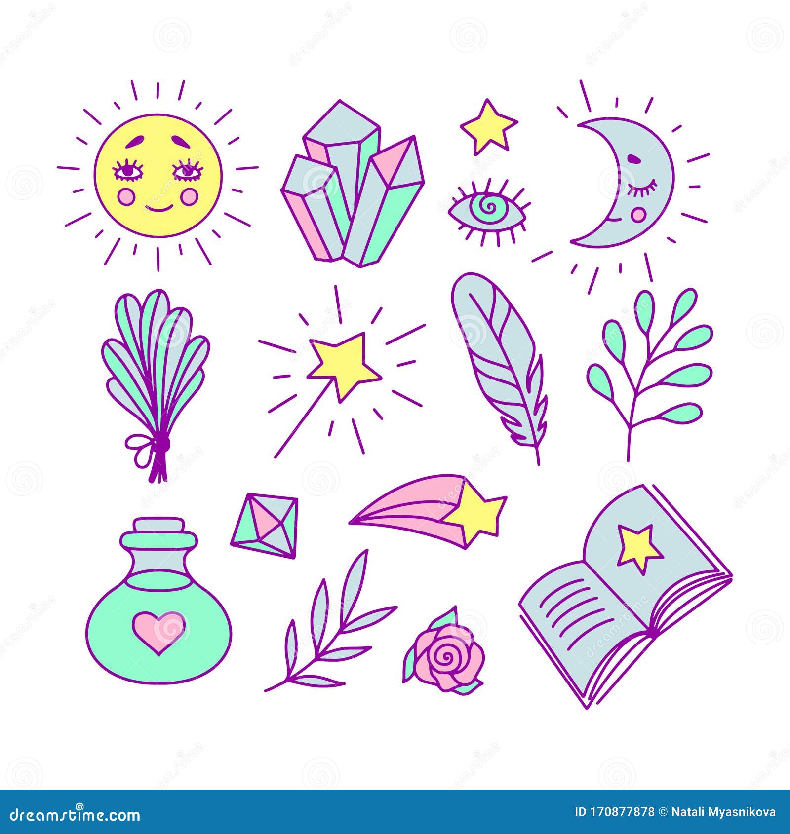 Cute Cartoon Magic Set. White Background. Cartoon Style Illustration ...