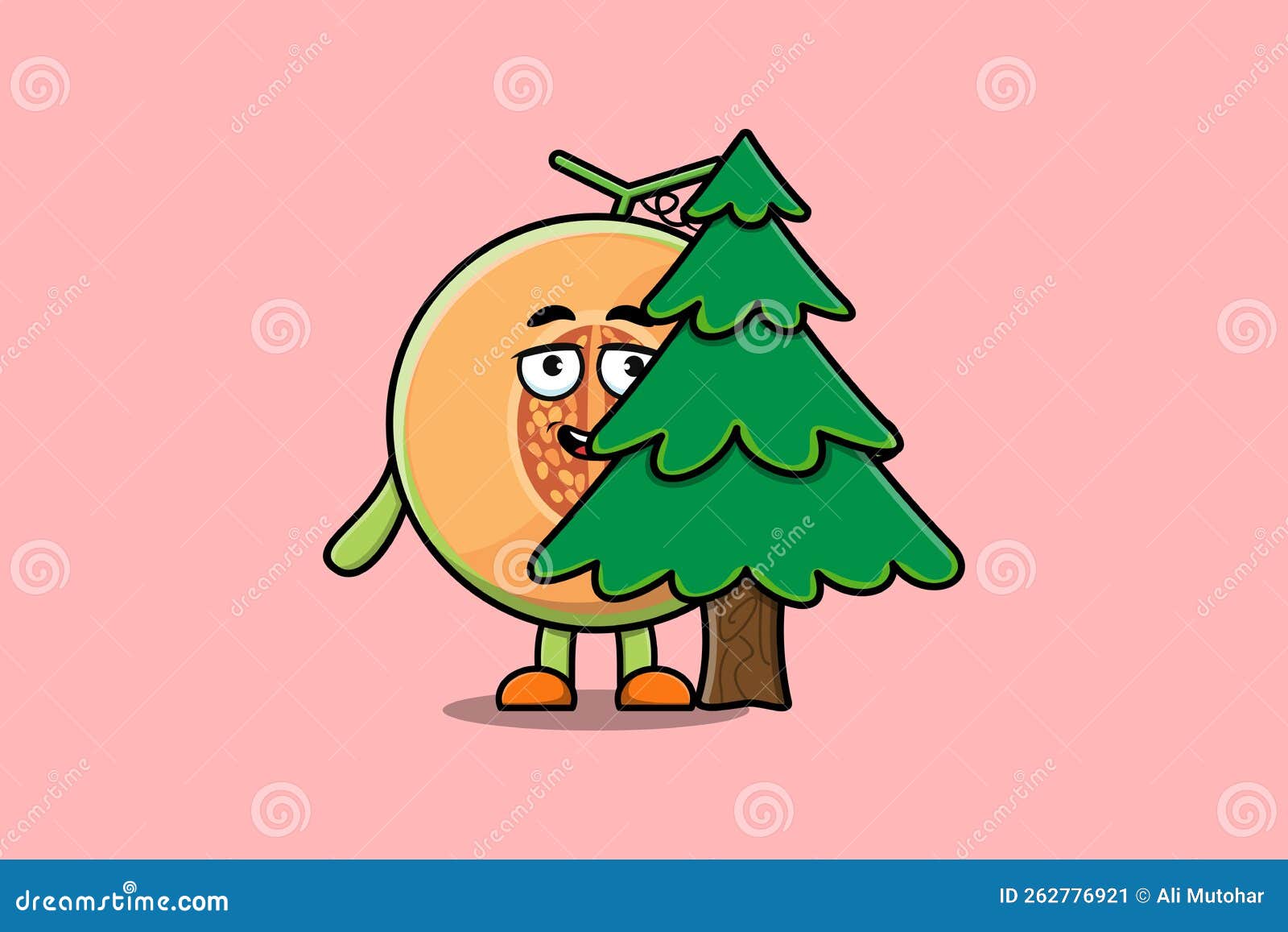 Cute Cartoon Melon Character Hiding Tree in Flat Stock Vector ...