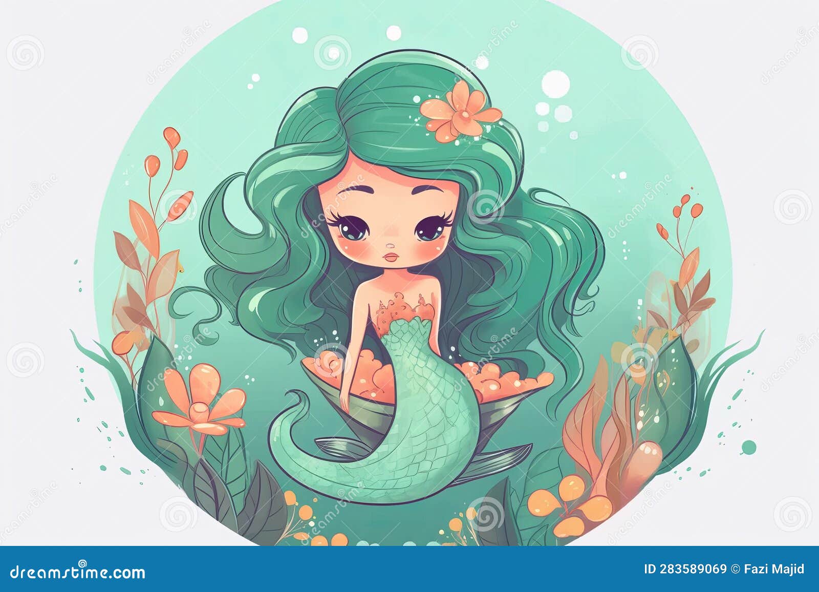 Cute Cartoon Mermaid in a Round Frame. Vector Illustration Generative ...