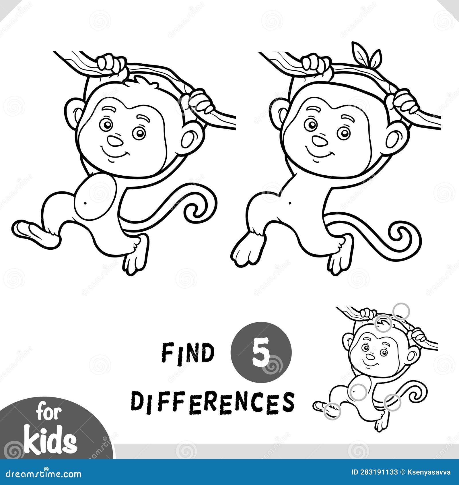 Cute Cartoon Monkey Animal, Find Differences Educational Game for Children Stock Vector ...