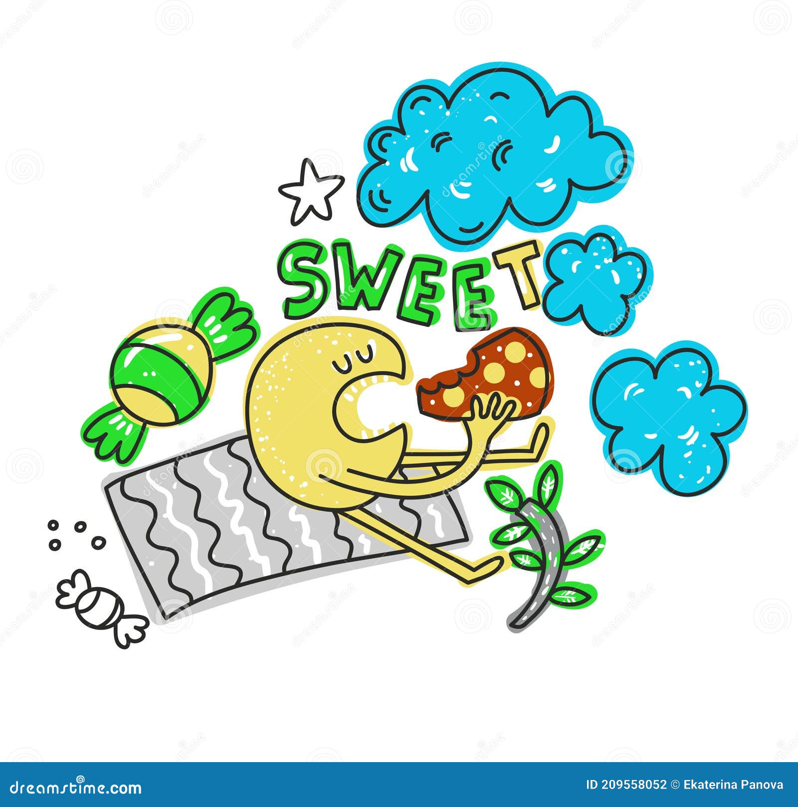 Cute Cartoon Monster Eating Pizza Under the Clouds. Stock Vector ...