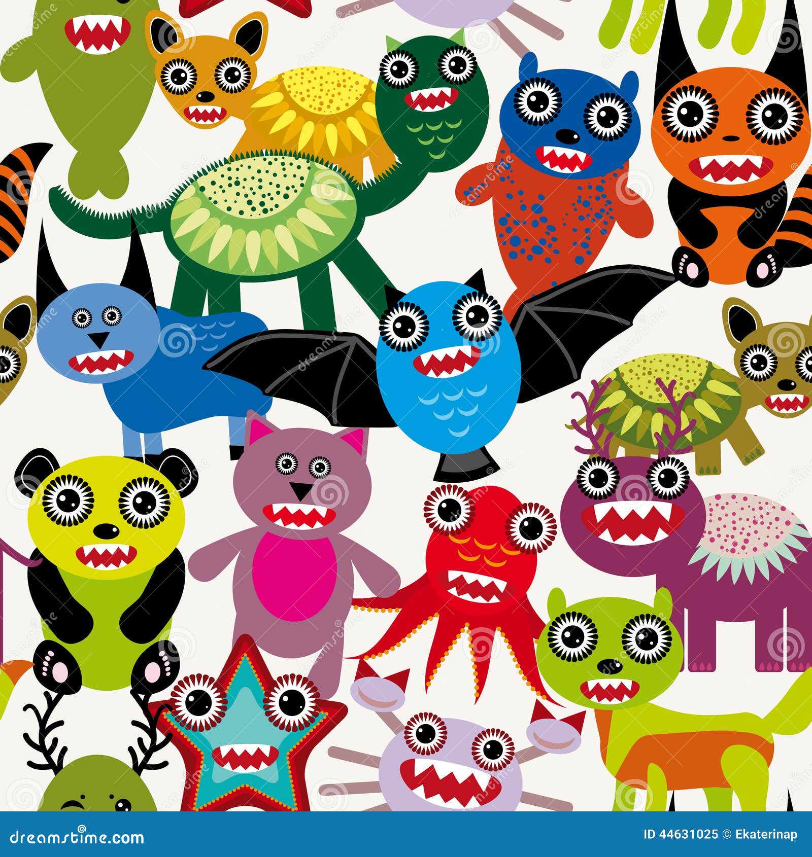 Cute Cartoon Monsters Seamless Pattern on a White Background. Stock ...