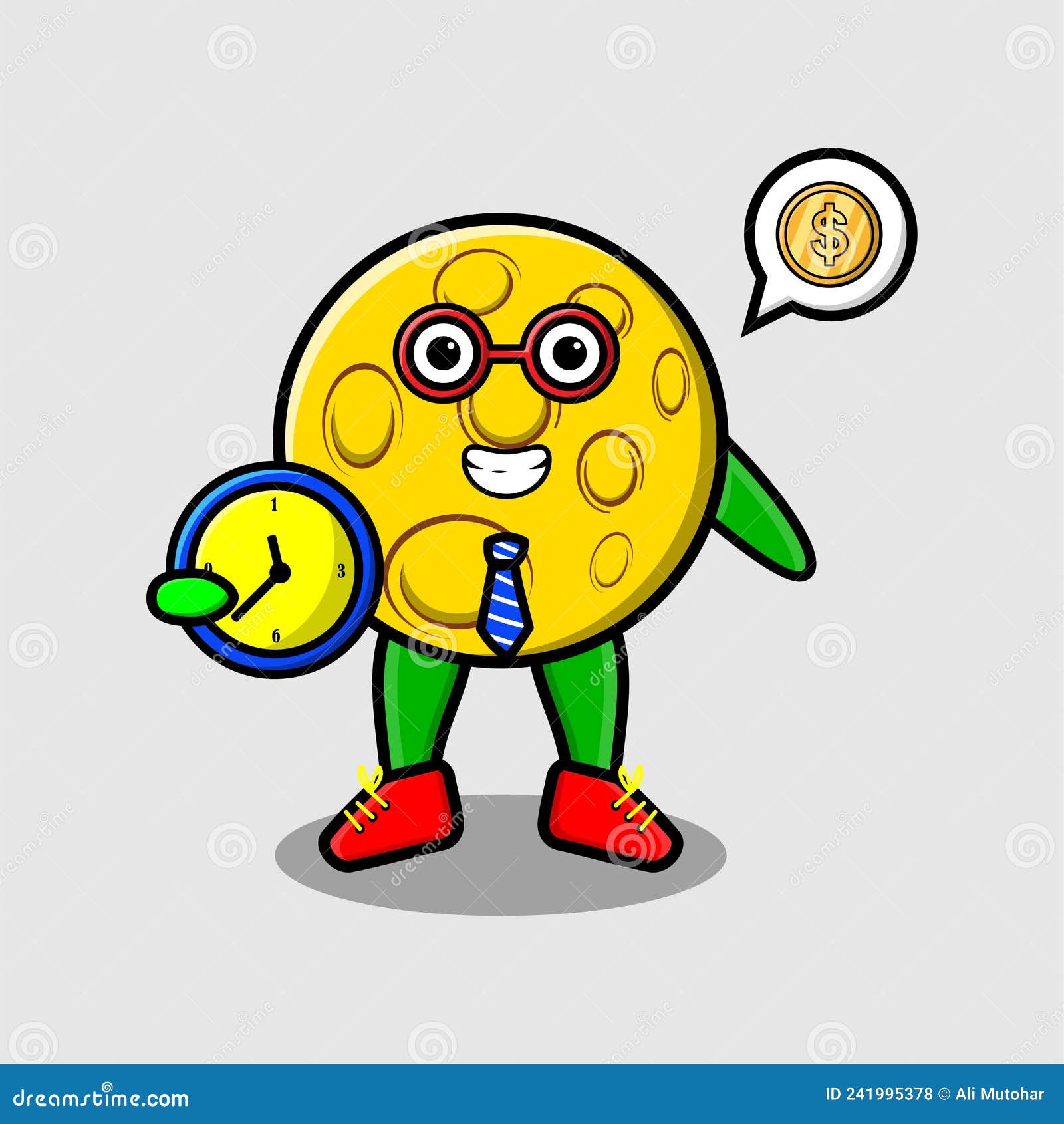 Cute Cartoon Moon Character Holding Clock Stock Vector - Illustration ...