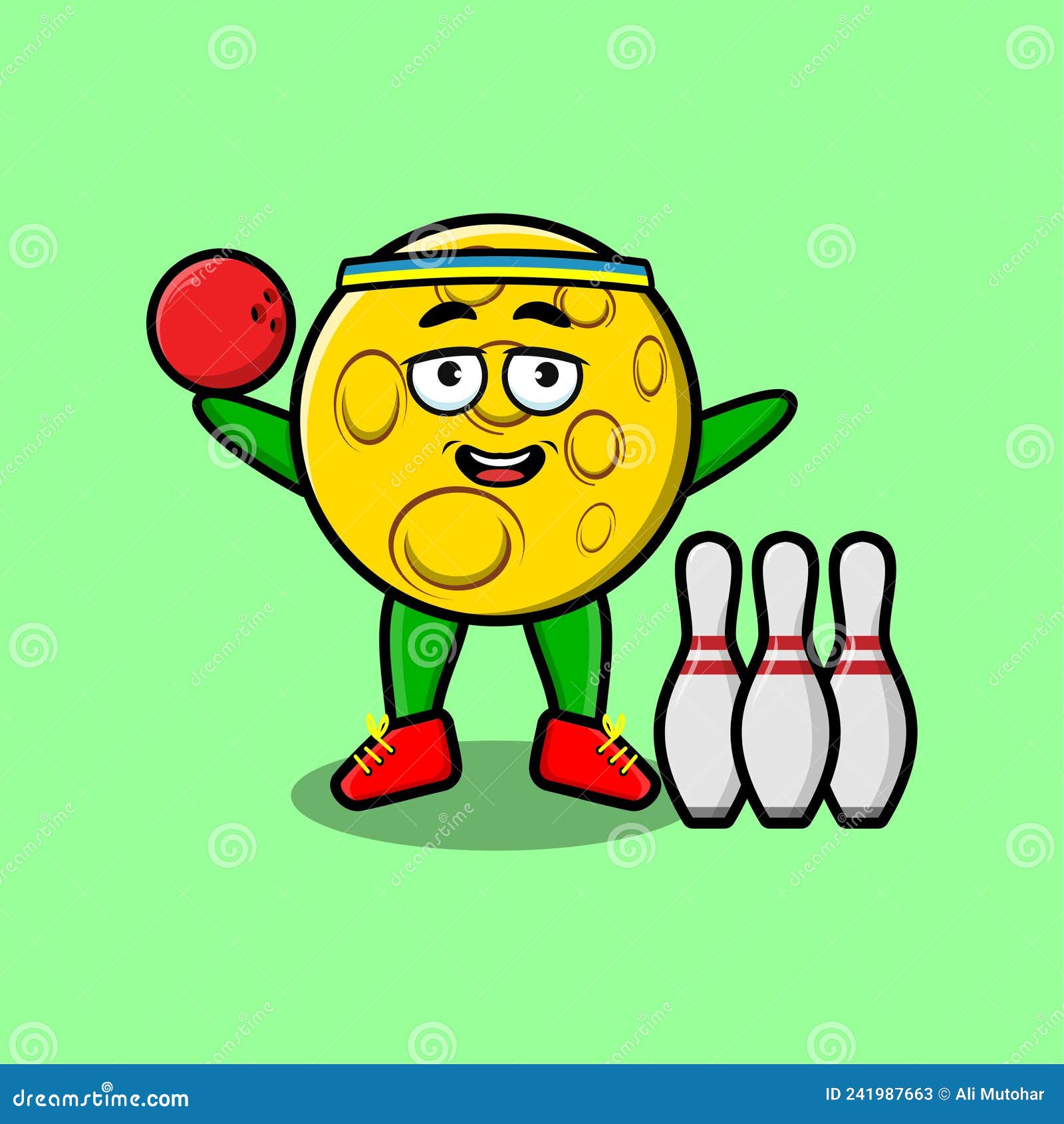 Cute Cartoon Moon Character Playing Bowling Stock Vector - Illustration ...
