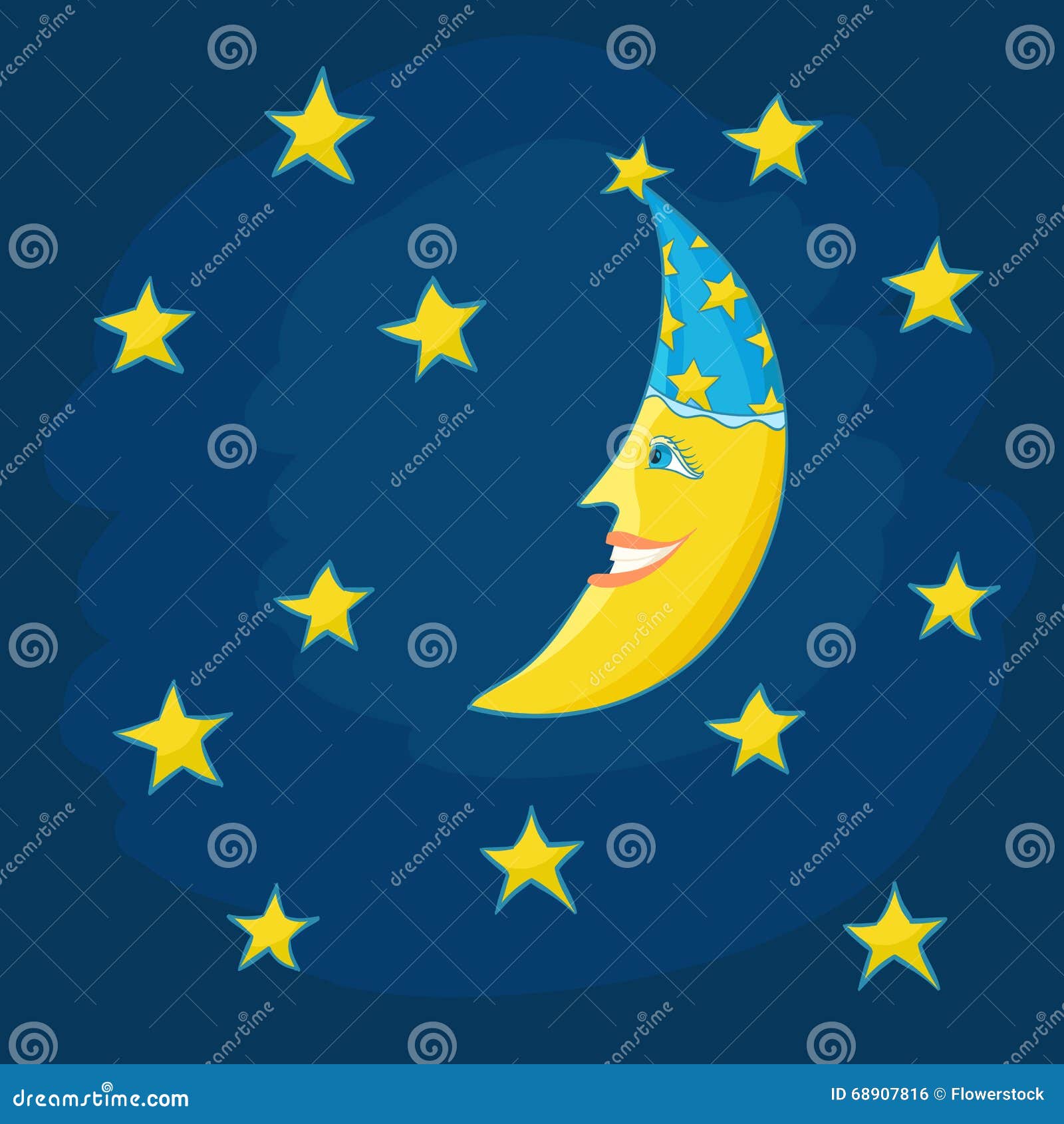 Cute Cartoon Moon Character and Stars in the Night Sky Stock Vector ...
