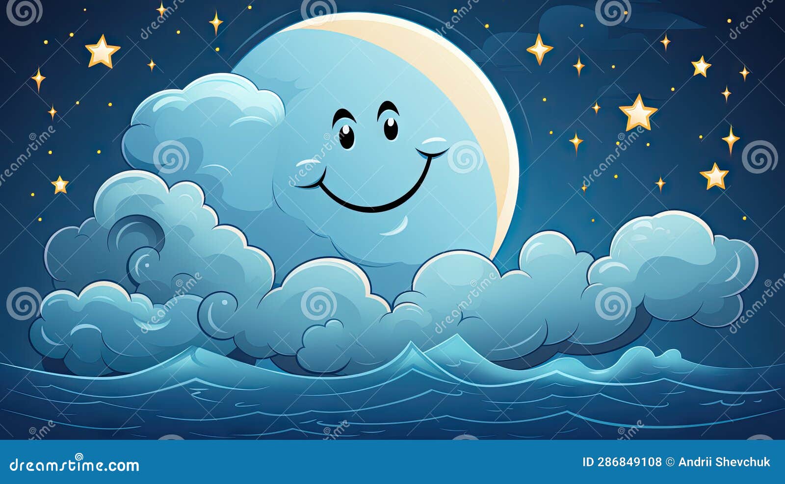 Cute Cartoon Moon and Clouds in the Night Sky. Vector Illustration ...