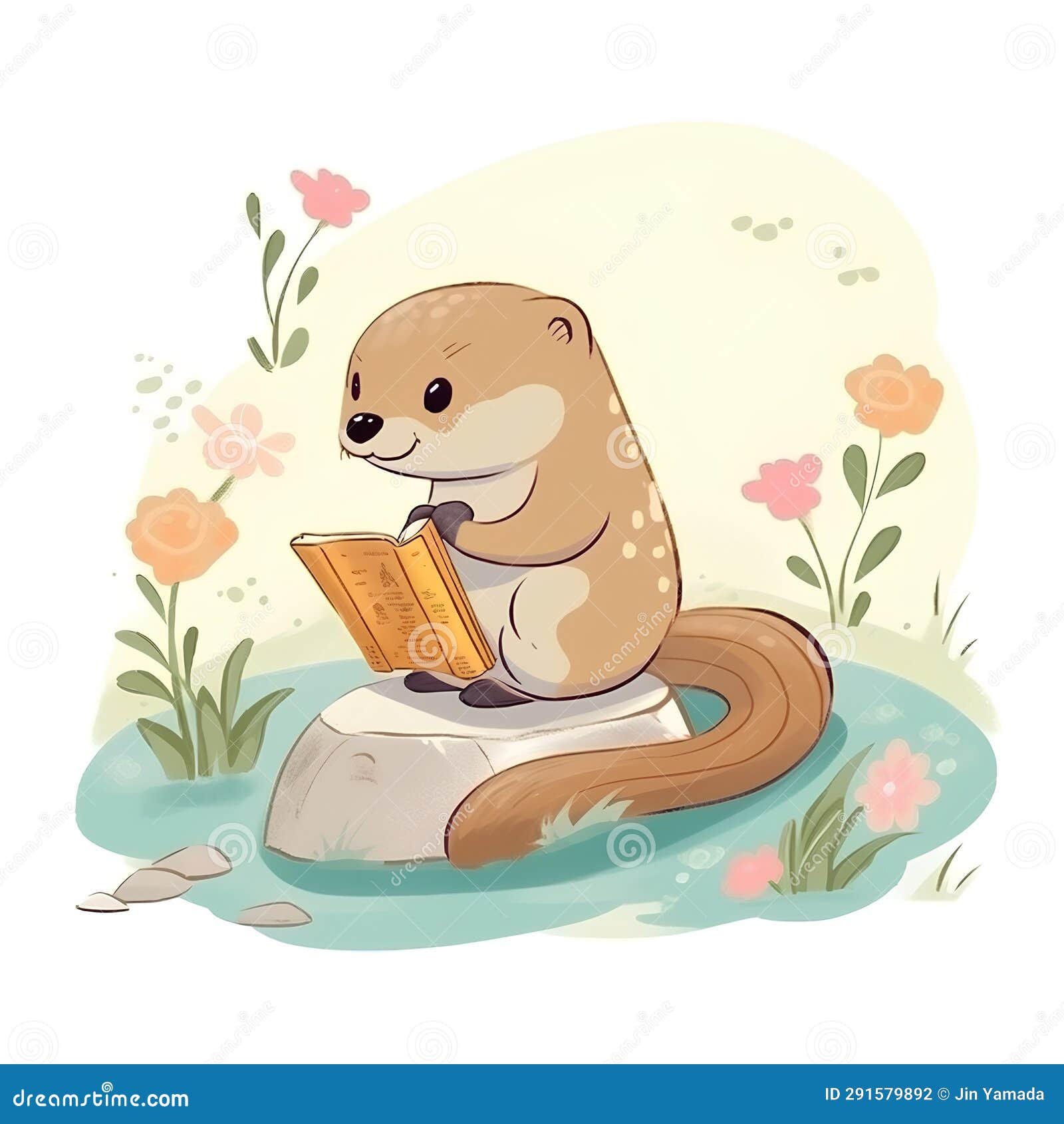 Cute Cartoon Otter Reading a Book in the Pond. Vector Illustration ...