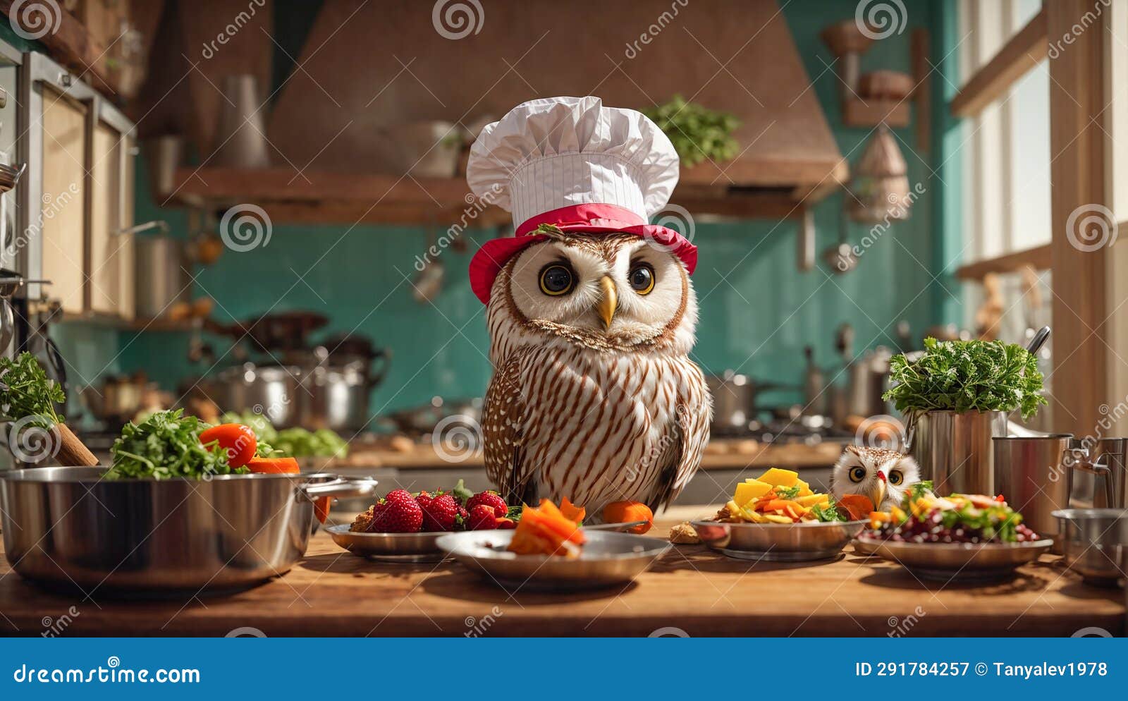 Cute Cartoon Owl Cooking the Kitchen Stock Illustration - Illustration ...