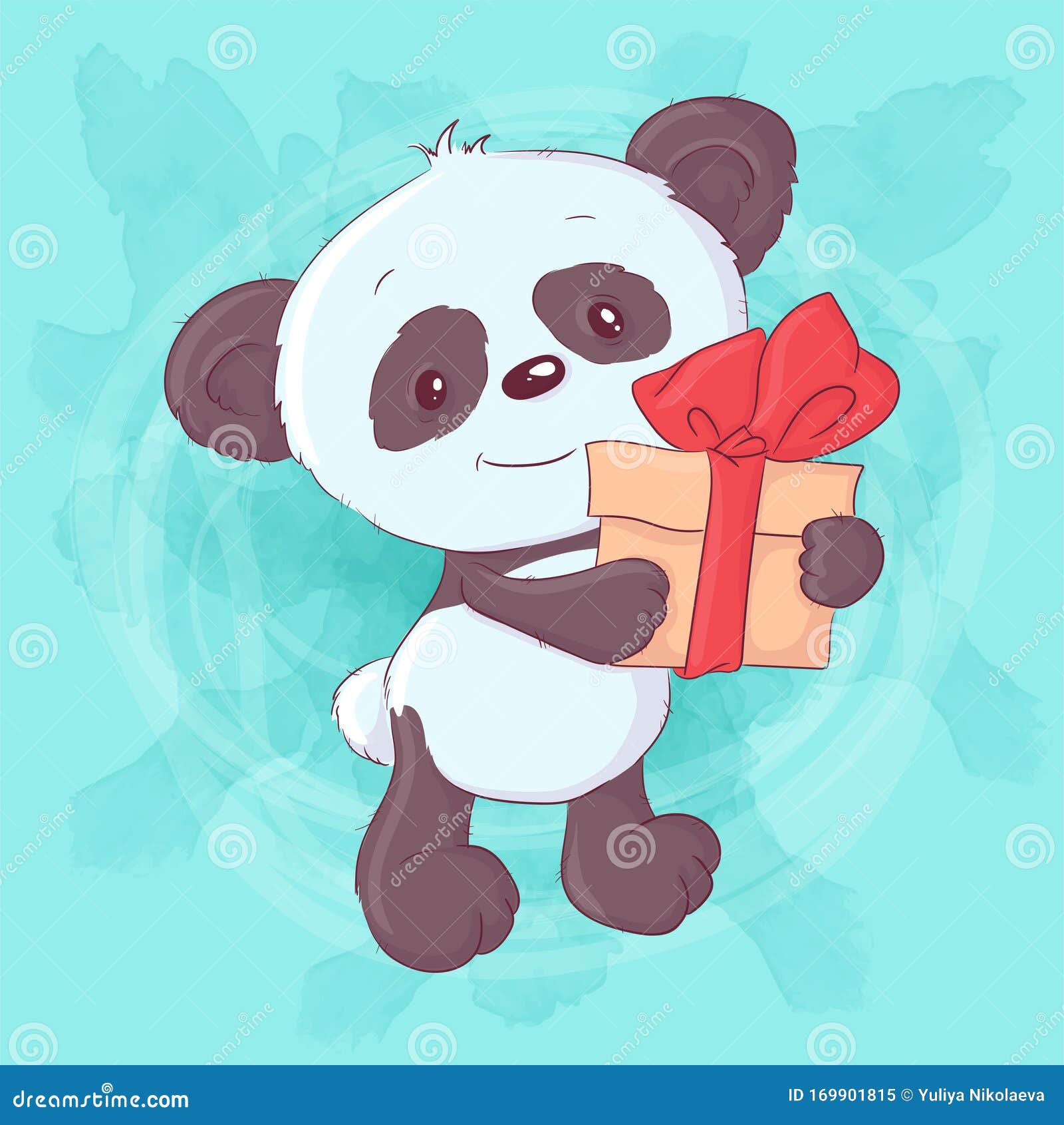 Cute Cartoon Panda with a Gift and Bow. Hand Drawing Stock Vector ...
