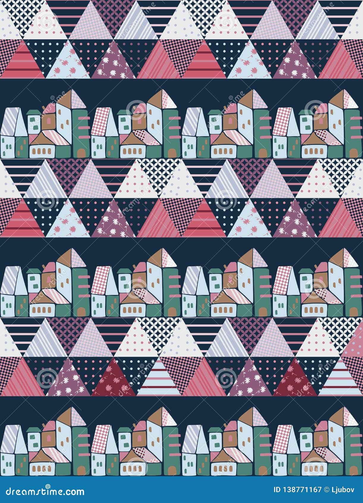 Cute Cartoon Patchwork Pattern with Stylized Town and Patches in Shape ...