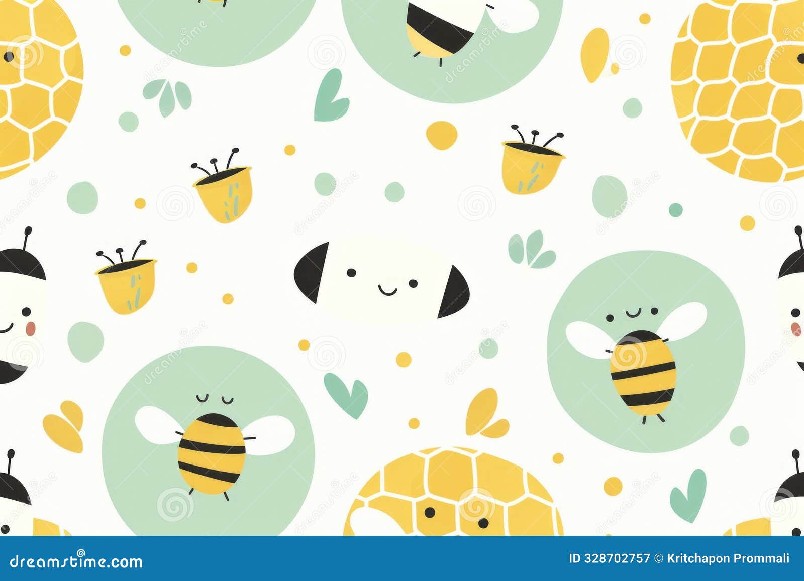 Cute Cartoon Pattern with Smiling Bees and Honeycomb, Simple Design ...