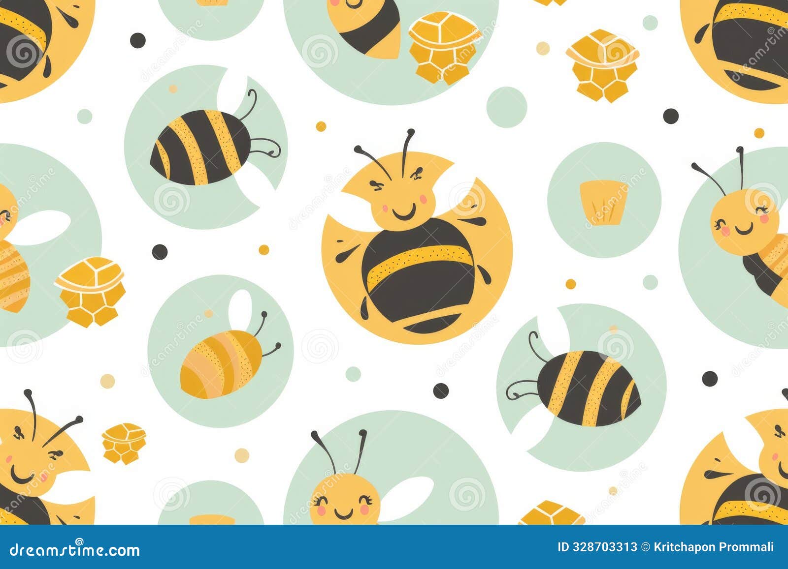 Cute Cartoon Pattern with Smiling Bees and Honeycomb, Simple Design ...