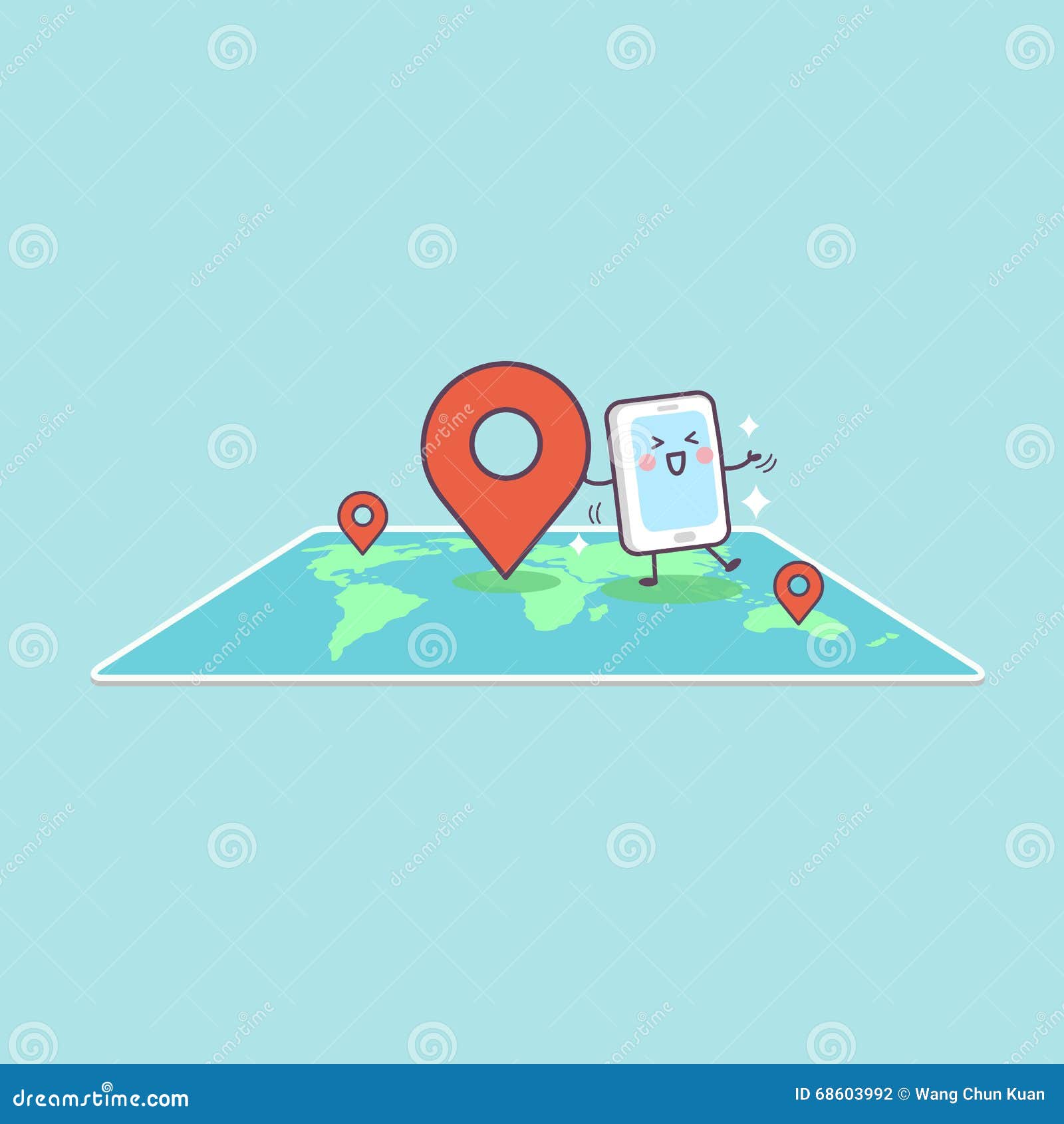 Cute Cartoon Phone with Map Stock Vector - Illustration of continent ...