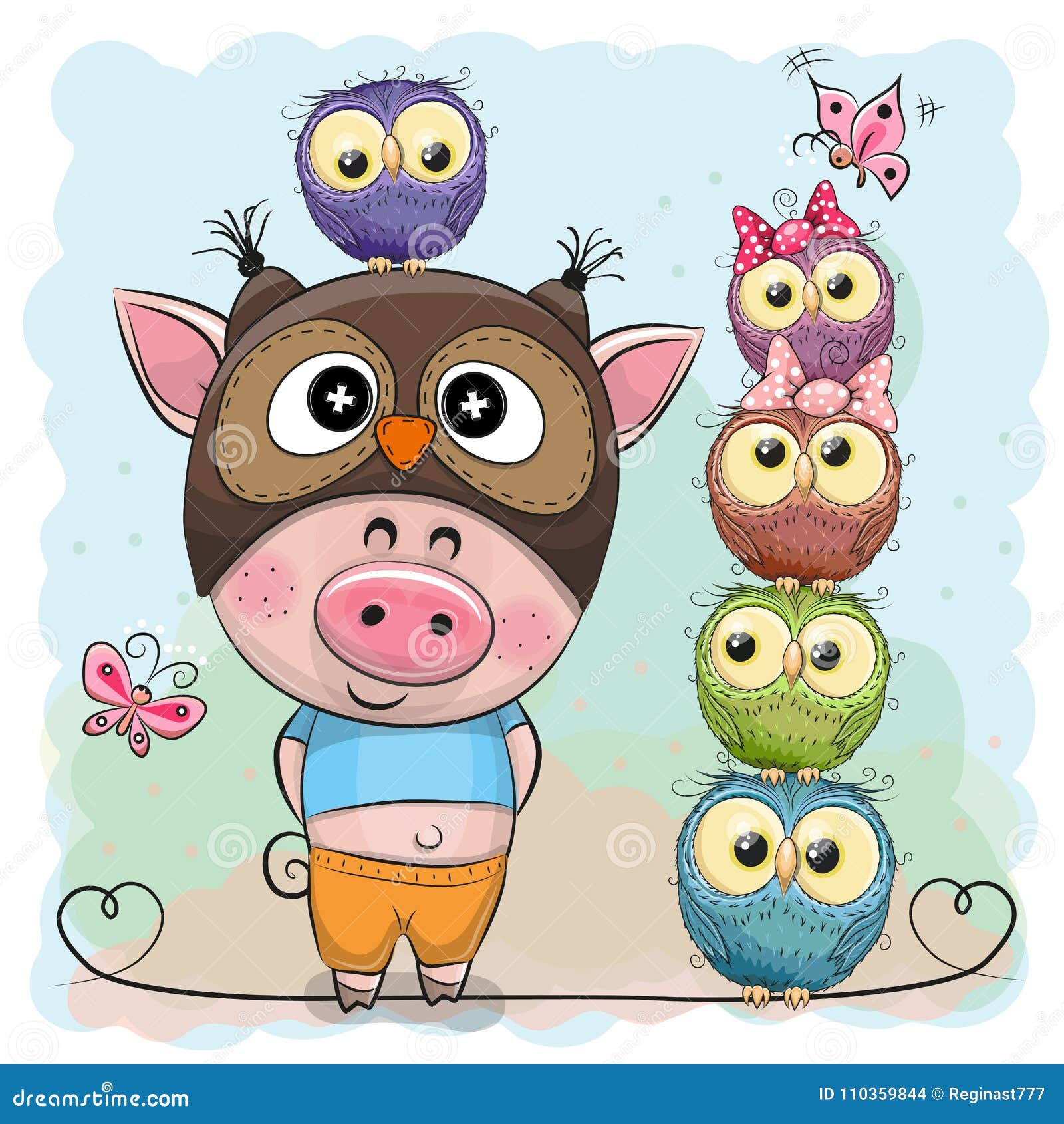 Cute Cartoon Pig and Five Owls Stock Vector - Illustration of smiling ...
